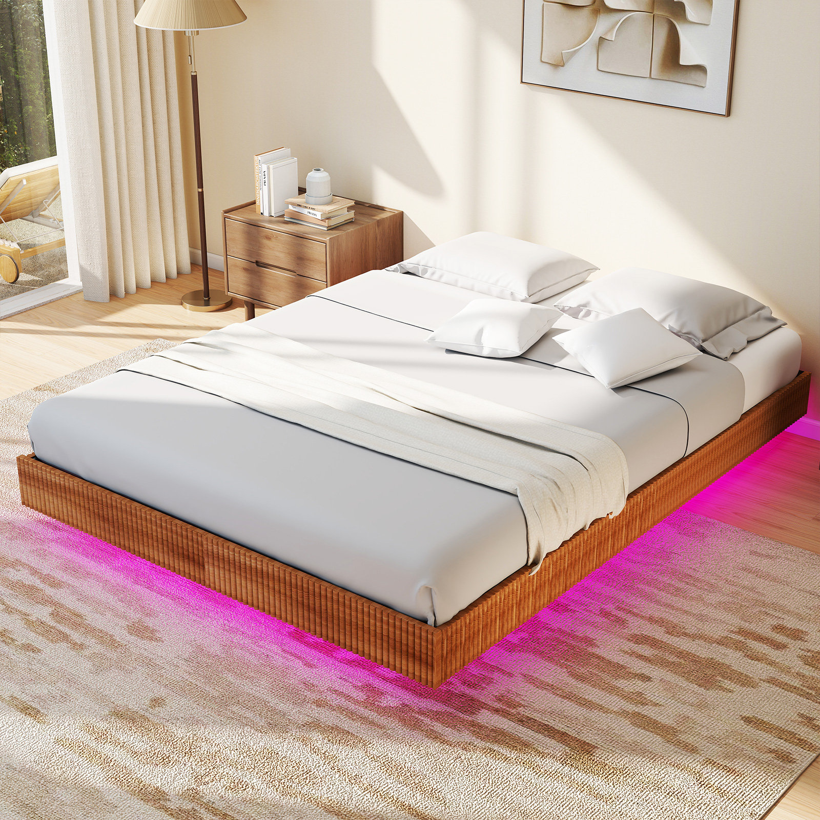 George Oliver Walnut Floating Bed Frame With Led Lights, Fluted Mid ...