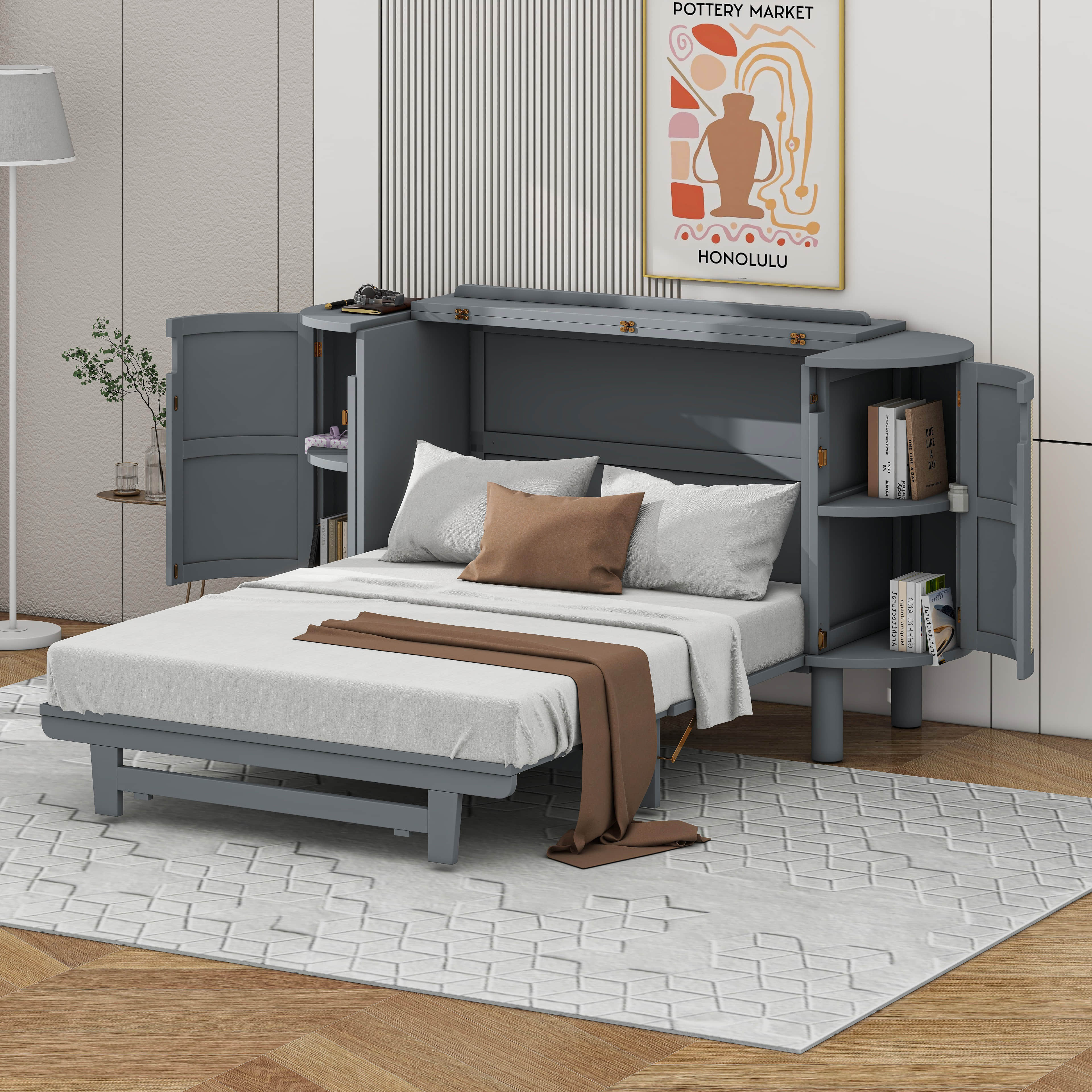 Cosmic Elegant Murphy Bed With Built-In Side Storage Cabinets And Woven ...