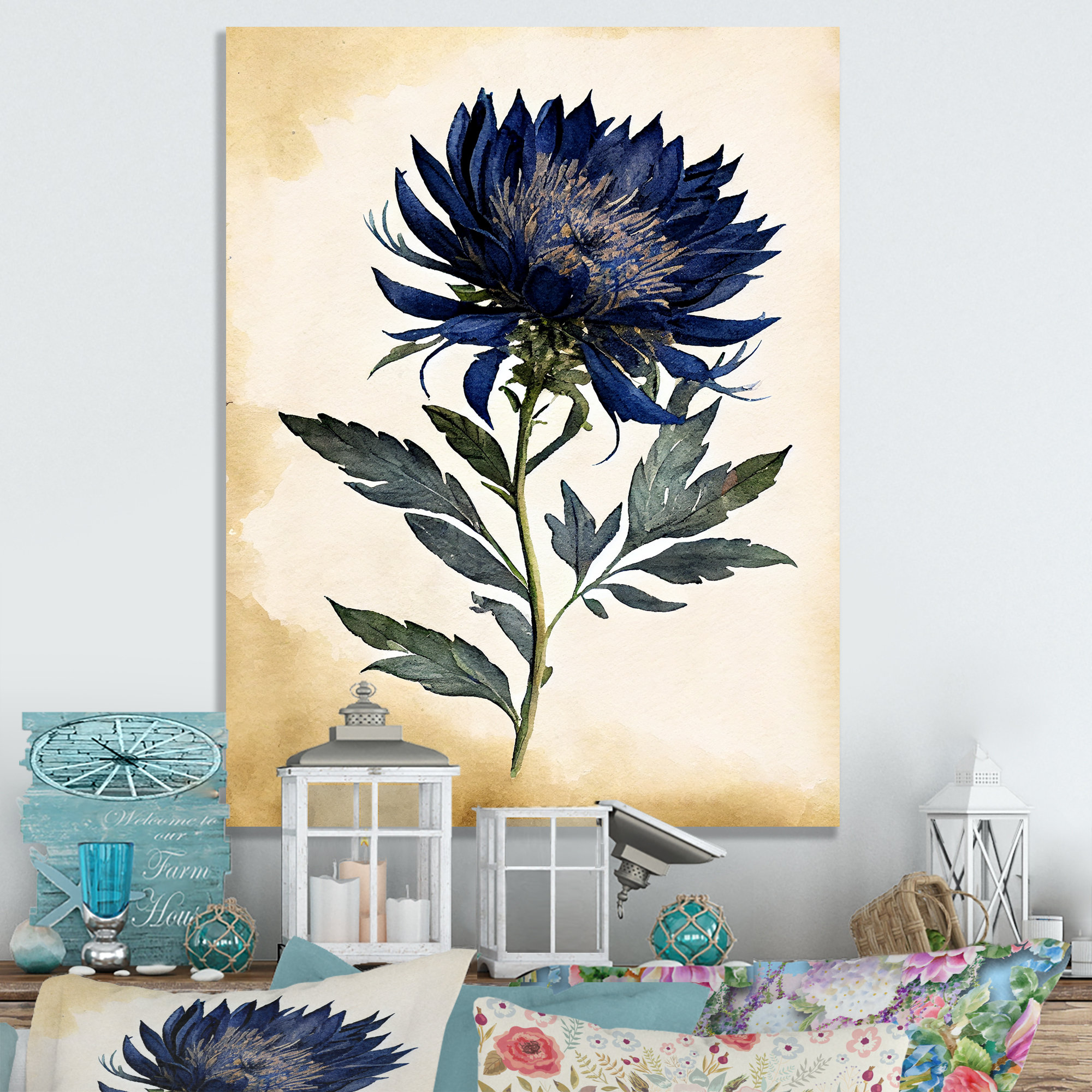 Red Barrel Studio® Blossoming Blue Retro Flower II - Print on Canvas ...