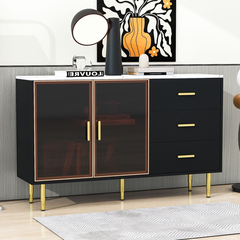 Mercer41 Iftikhar Wooden Sideboard Buffet with Marble Sticker Tabletop ...