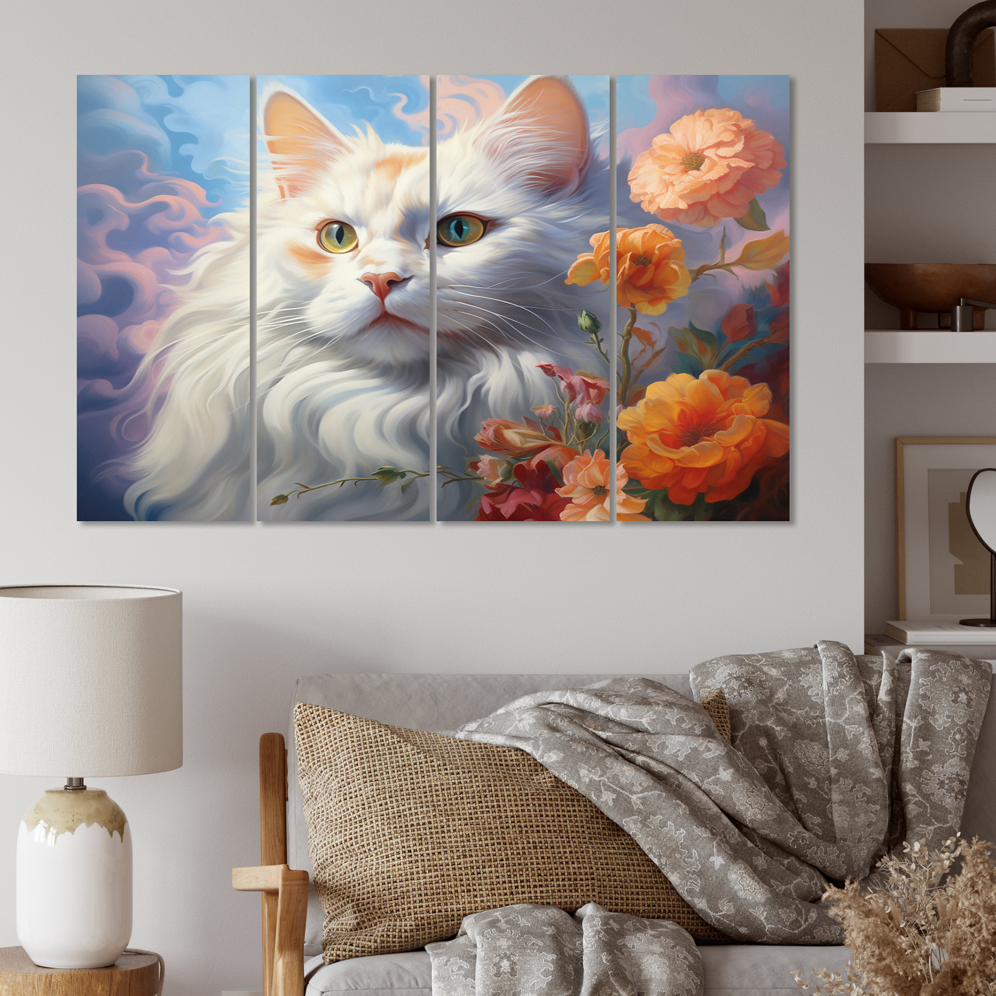 Design Art Portrait Of A Gracious Cat With Flowers - Animals Cat Canvas ...