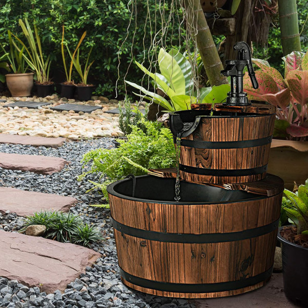 Gracie Oaks 2-Tier Barrel Waterfall Fountain, Rustic Wood Barrel ...