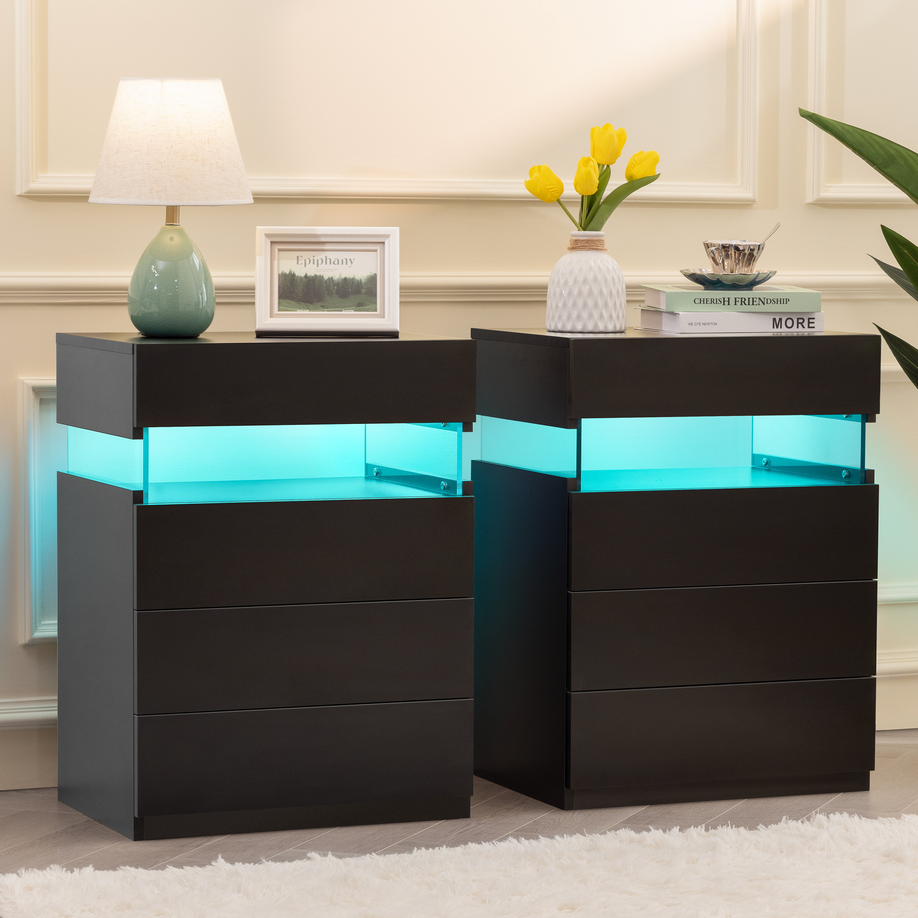 Ivy Bronx Mekiya Modern Style LED Nightstand with 4 Storage Drawers ...