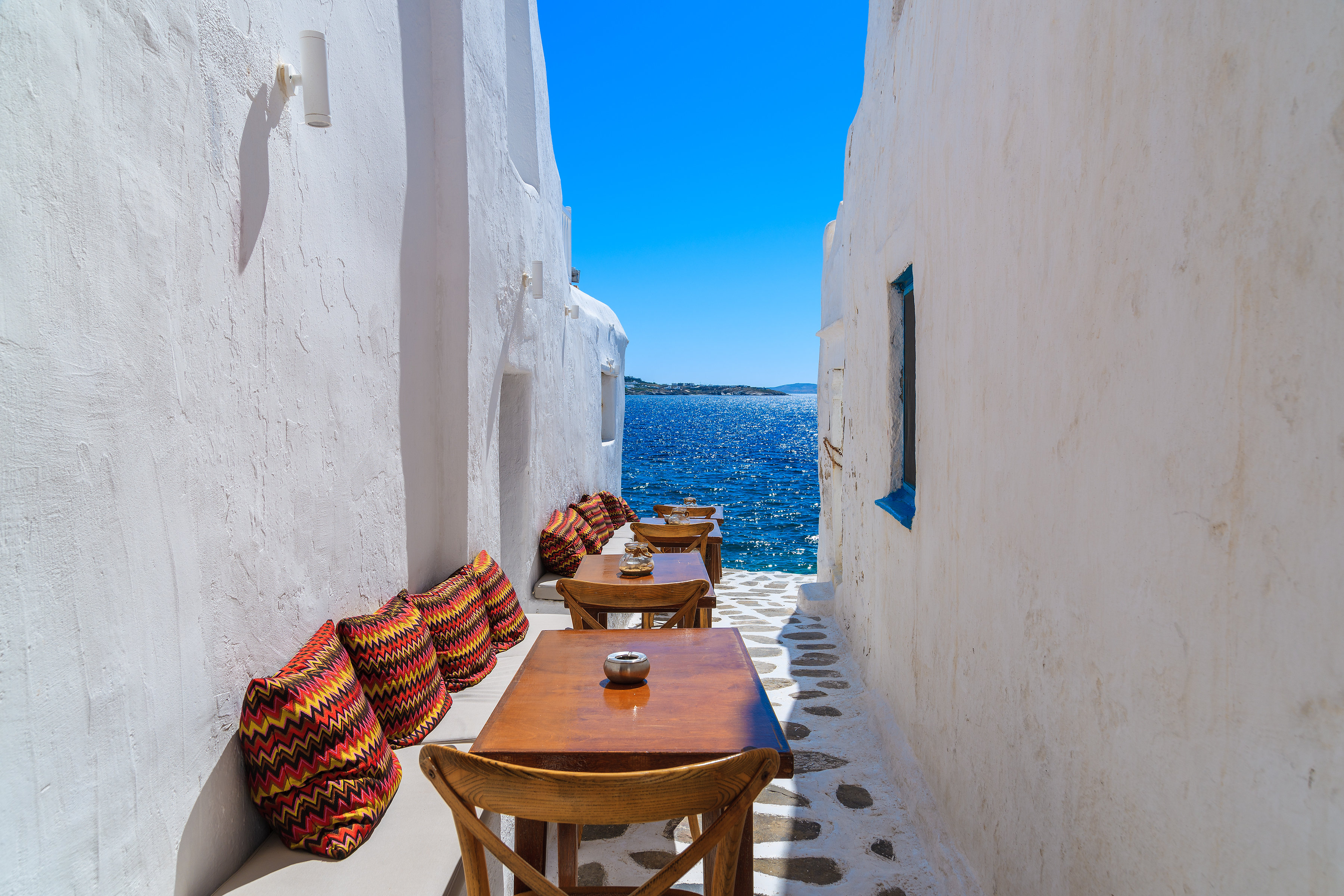17 Stories Benches with Pillows in a Typical Greek Bar in Mykonos by ...
