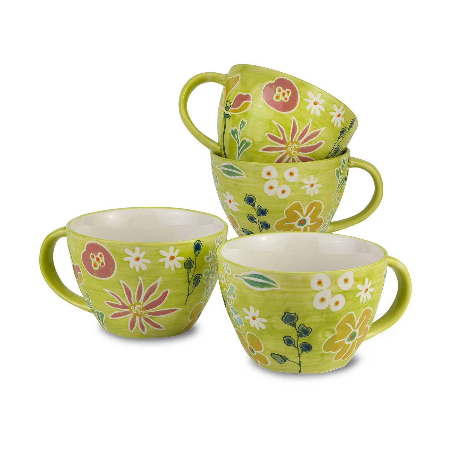 Euro Ceramica Primavera Handpainted Stoneware Latte Mugs Set, Set of 4 ...