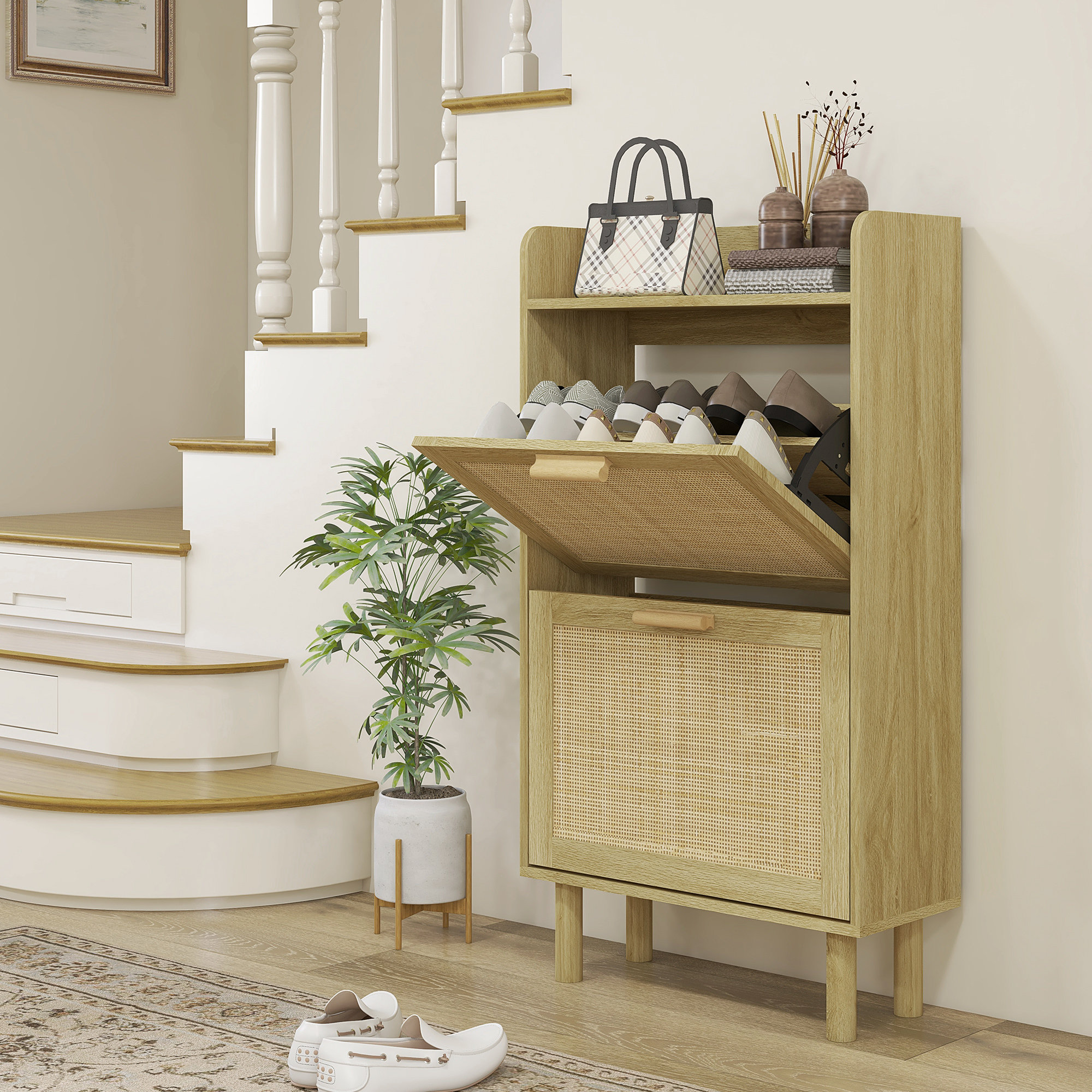 Bay Isle Home™ Narrow Shoe Cabinet with 2 Rattan Flip Drawers for 12 ...