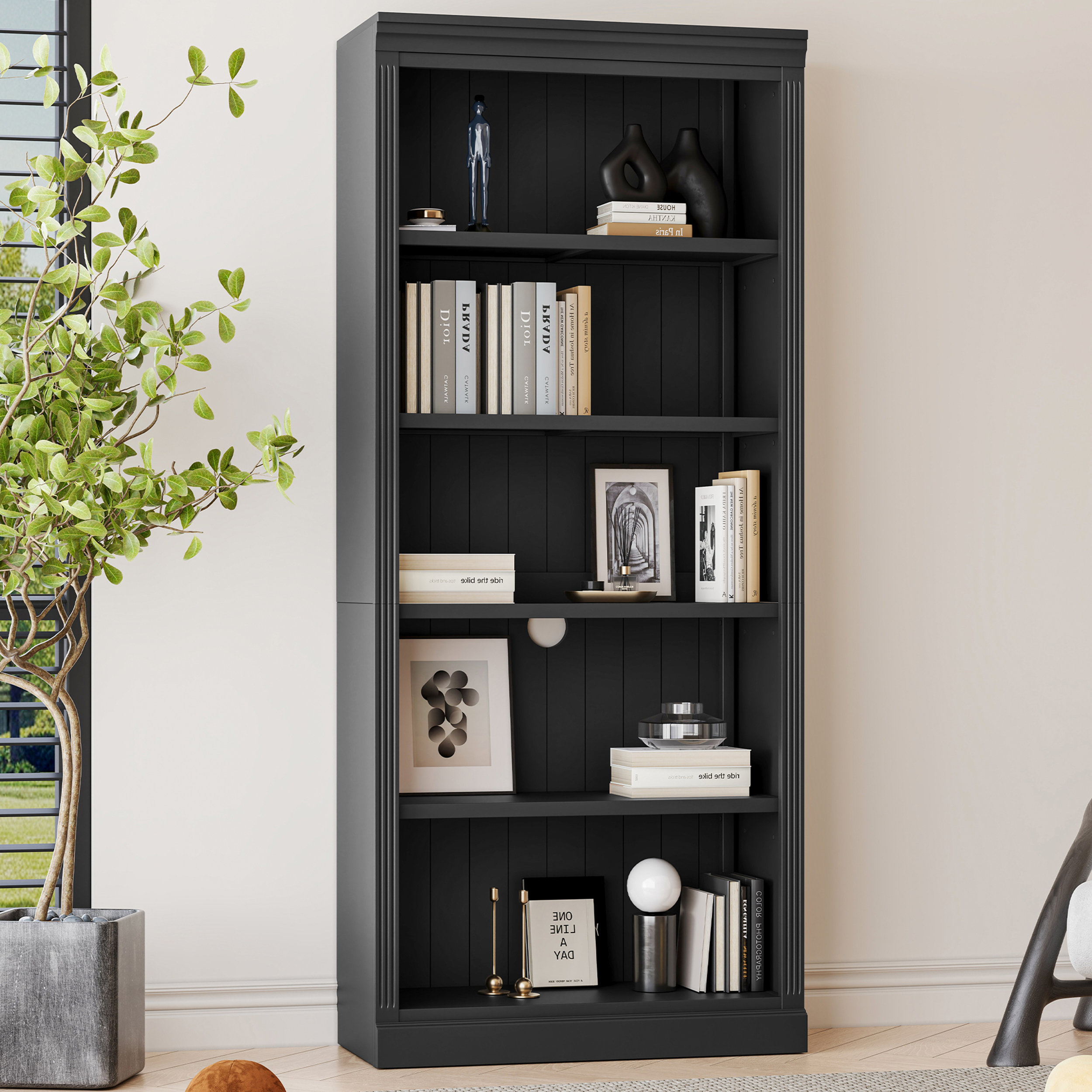 Orren Ellis 83.4" Tall Wood Bookcase with light strip,5-Tier Decor ...