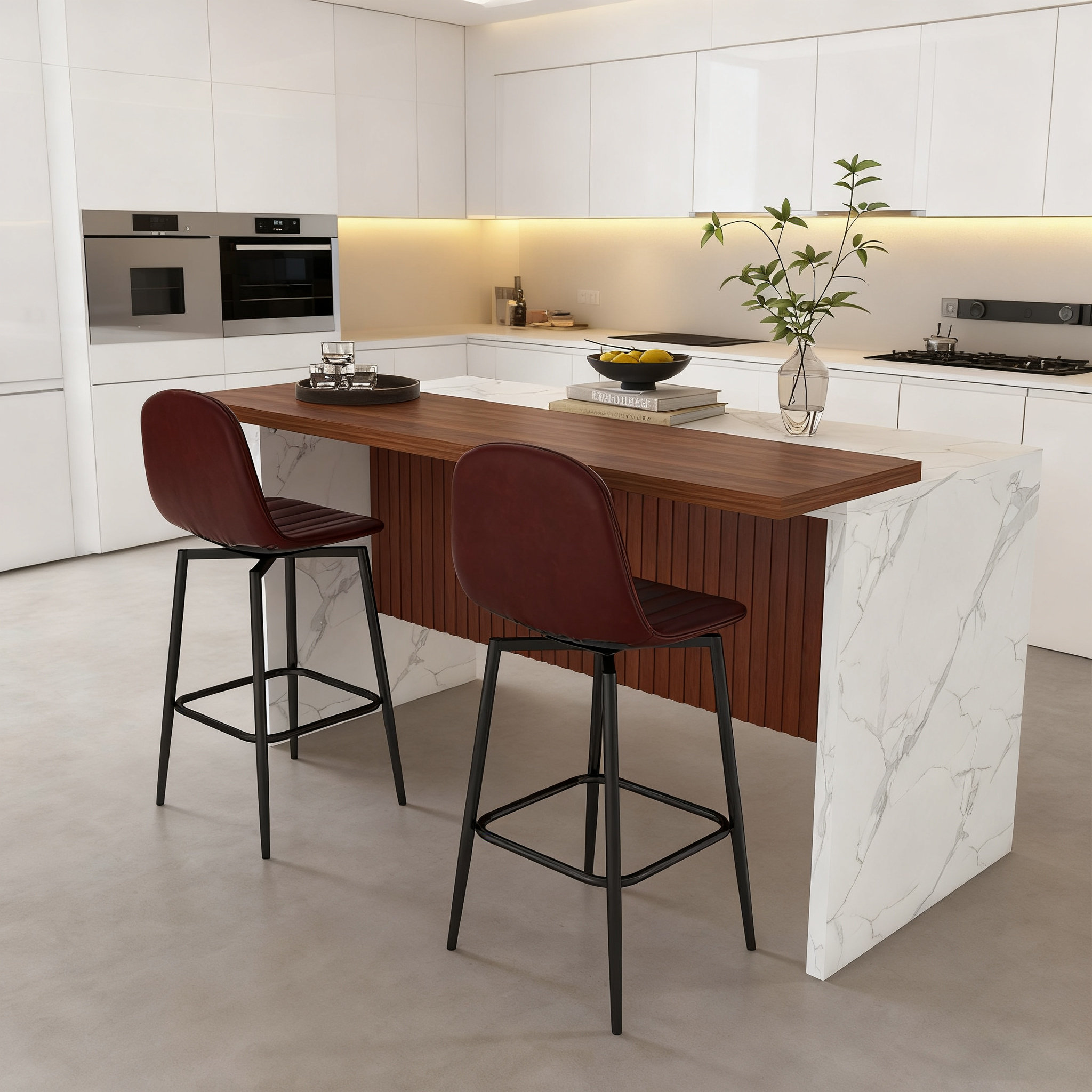 Latitude Run® 63-Inch Modern Kitchen Island Set (Including 2 Dark Brown Bar Stools) - Imitation ...