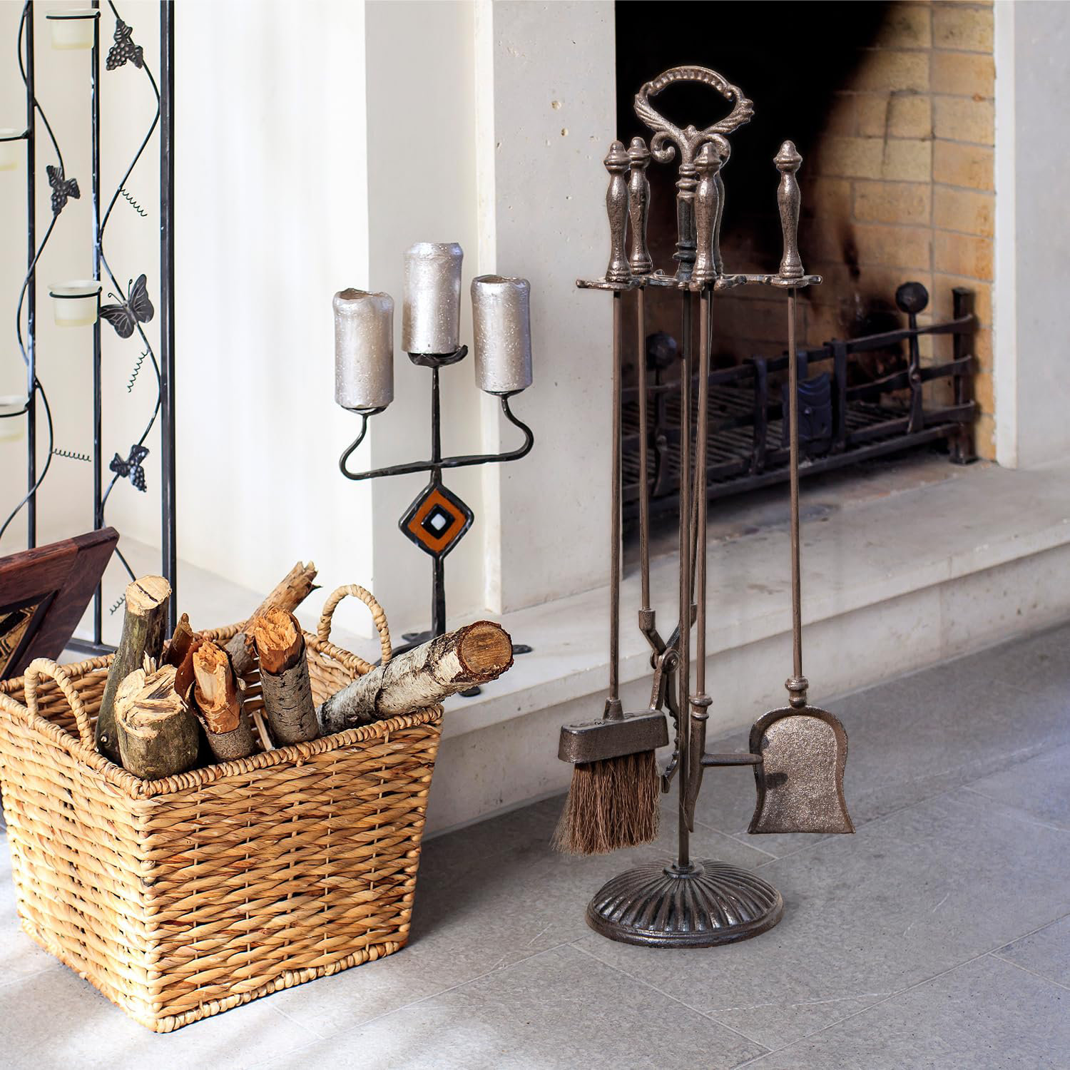 World Menagerie Antique Black Cast Iron 5-Piece Fireplace Tool Set With ...
