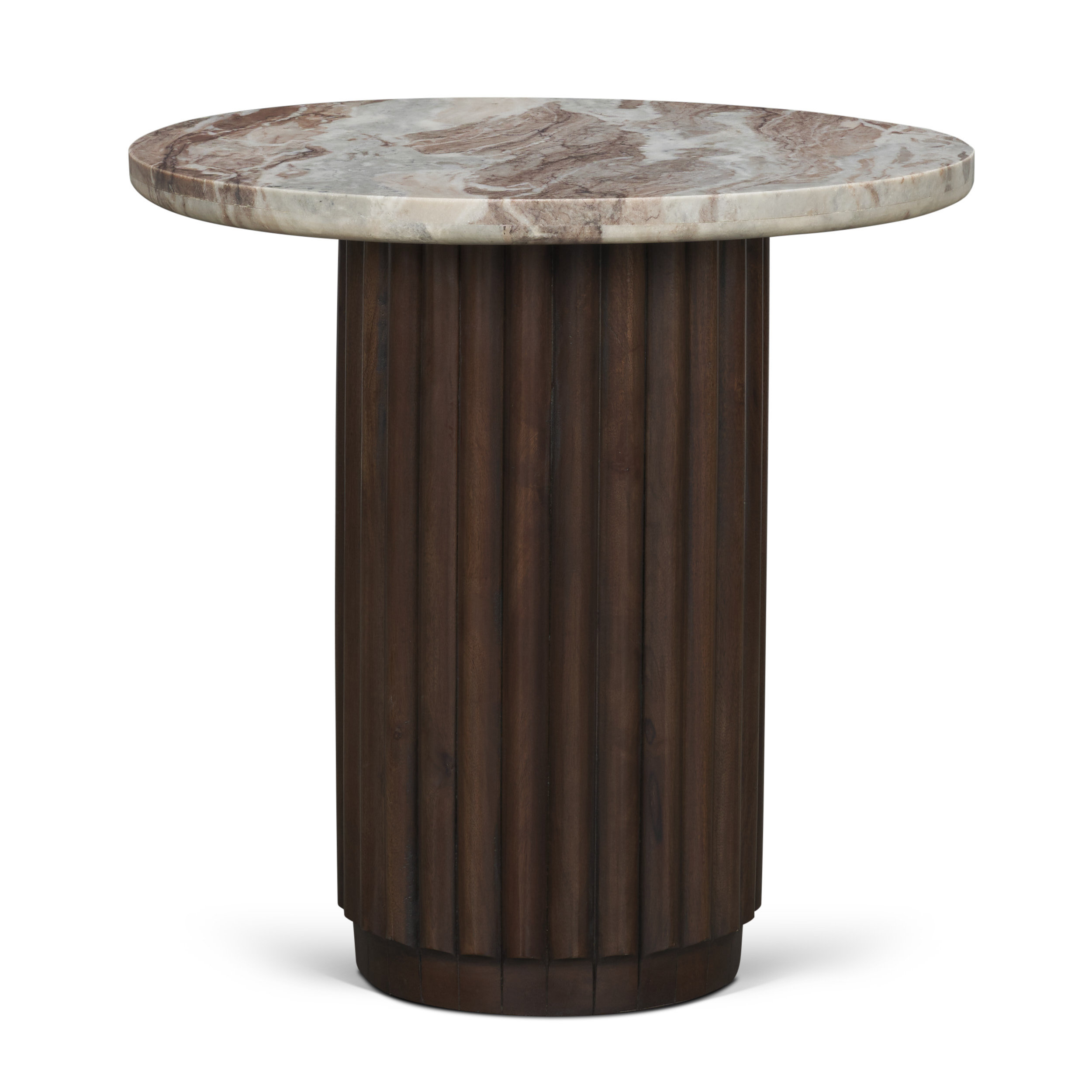 Orren Ellis Marbrello Pink Marble Top Espresso Brown Fluted Wood Round ...