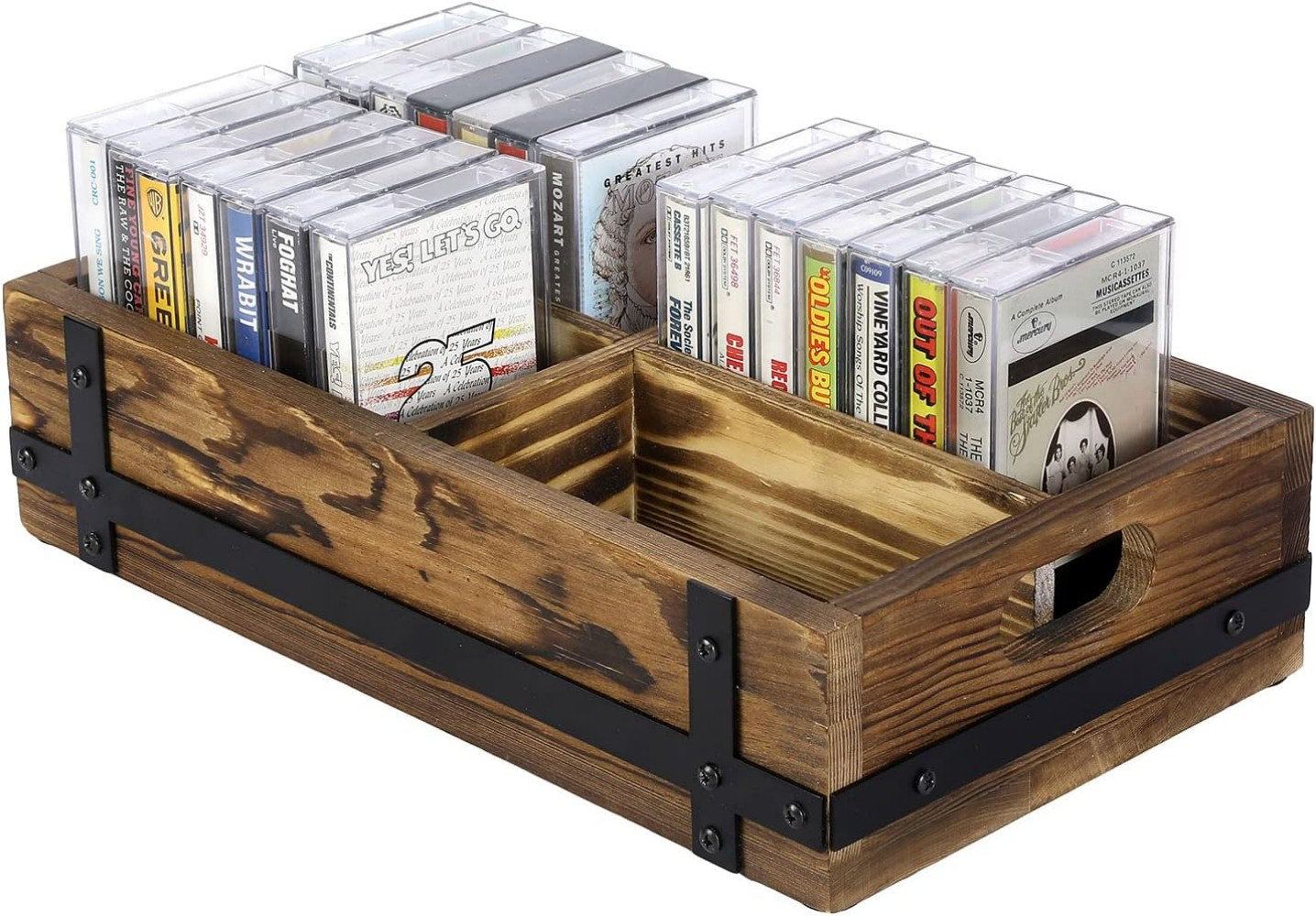 17 Stories Rustic Burnt Wood Retro Audio Cassette Tape Storage Box With ...