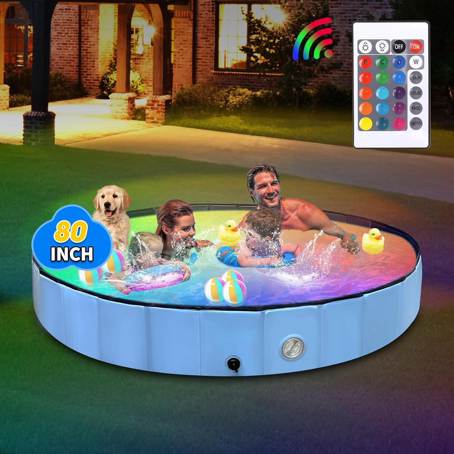 Utibia Foldable Dog Pool with RGB Lights, Kiddie Pool for Toddlers 1-3 ...