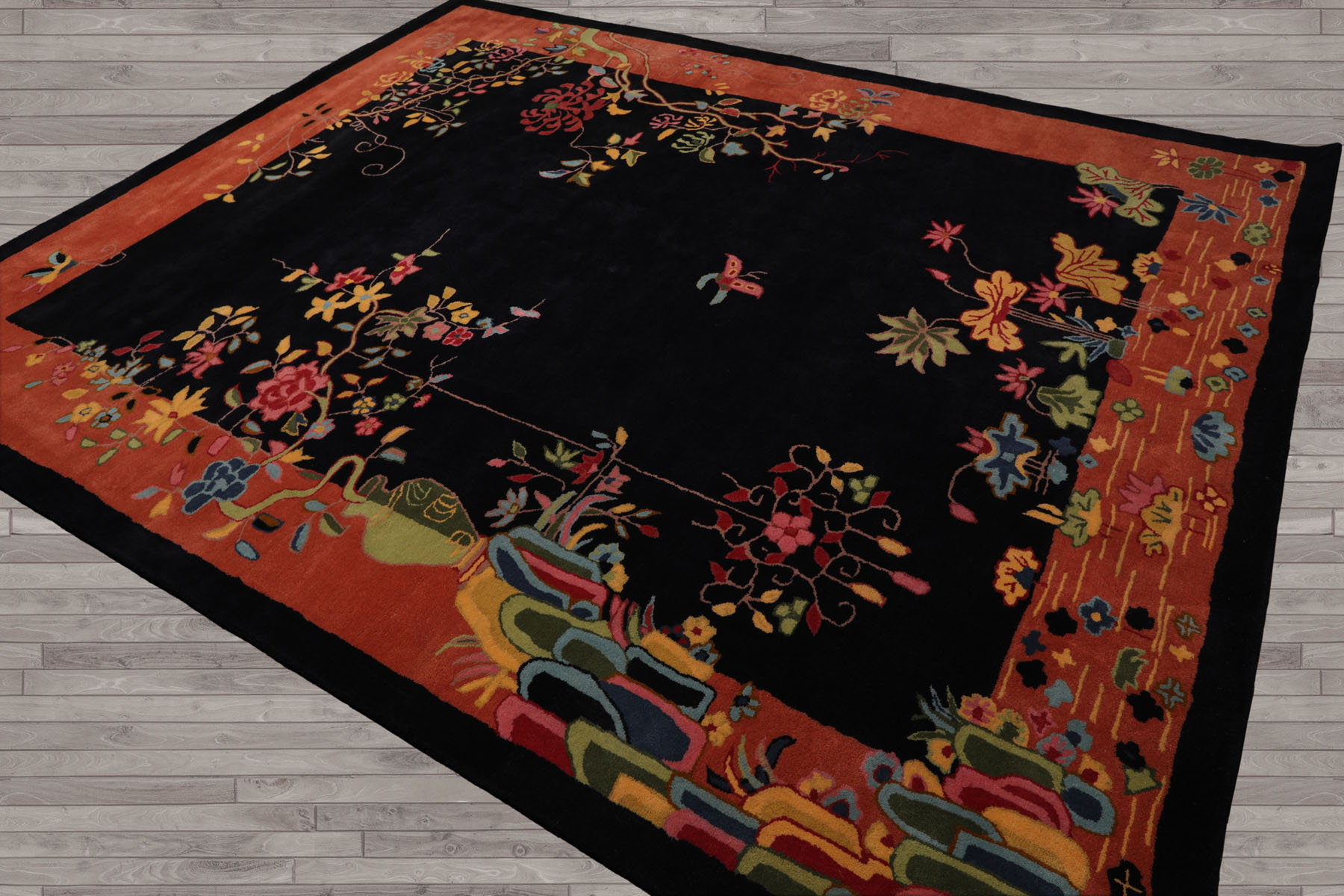 Red Barrel Studio® Multi Size Black Hand Tufted Floral Chinese Art Deco ...
