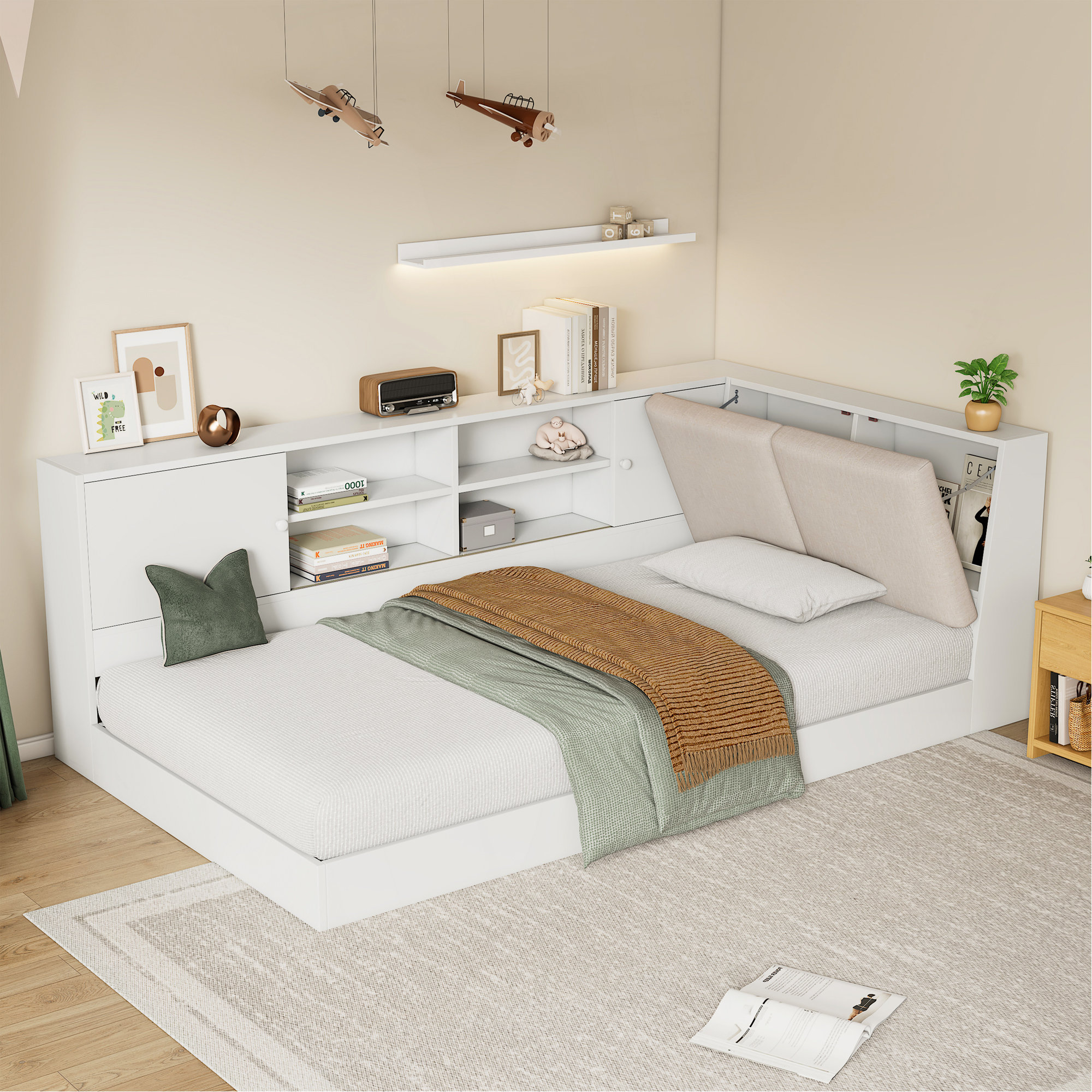 Latitude Run® Wooden Twin Size L-Shaped Daybed Floor Corner Bed With ...