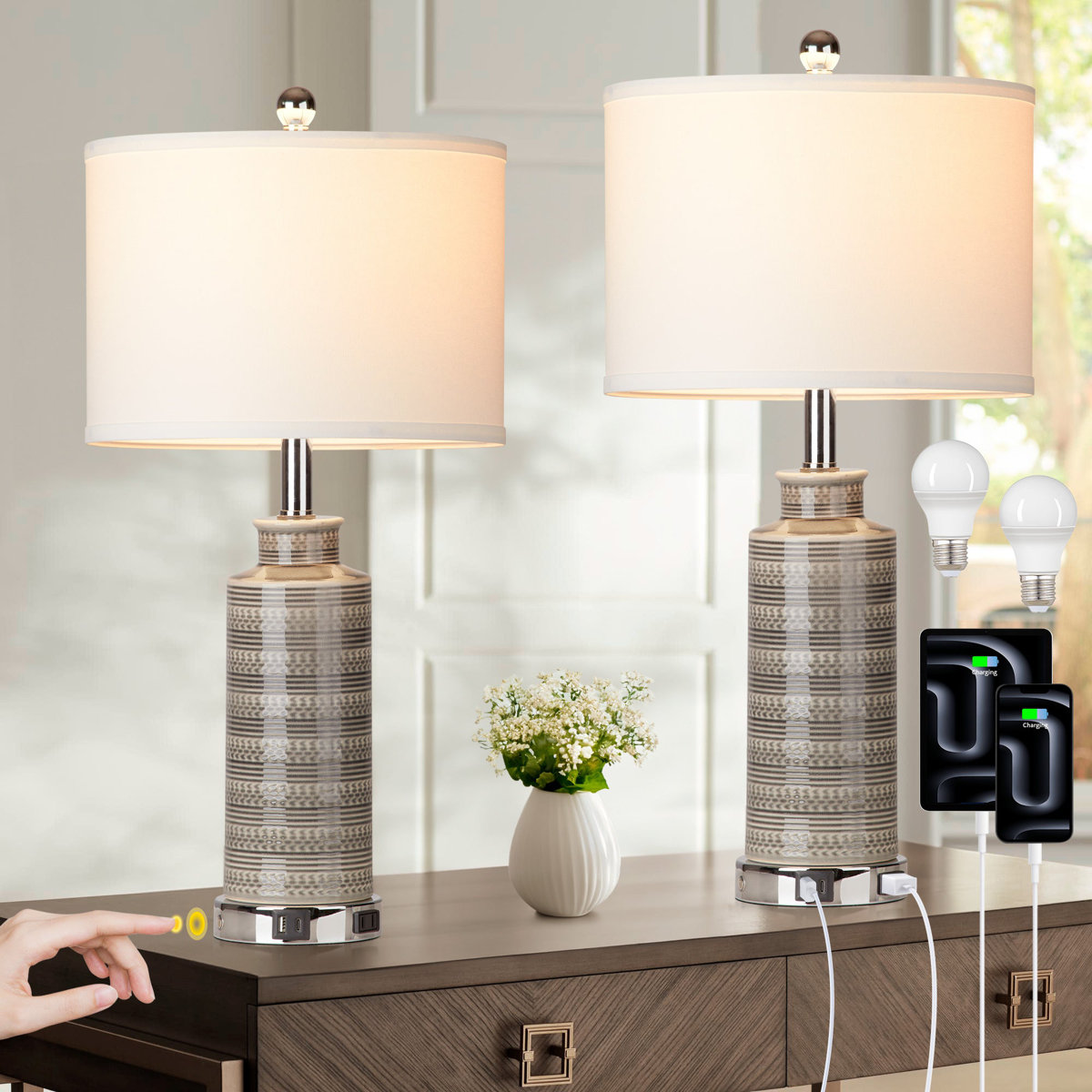 Wrought Studio™ Javell Ceramic Gray Table Lamps with Drum Shade USB ...
