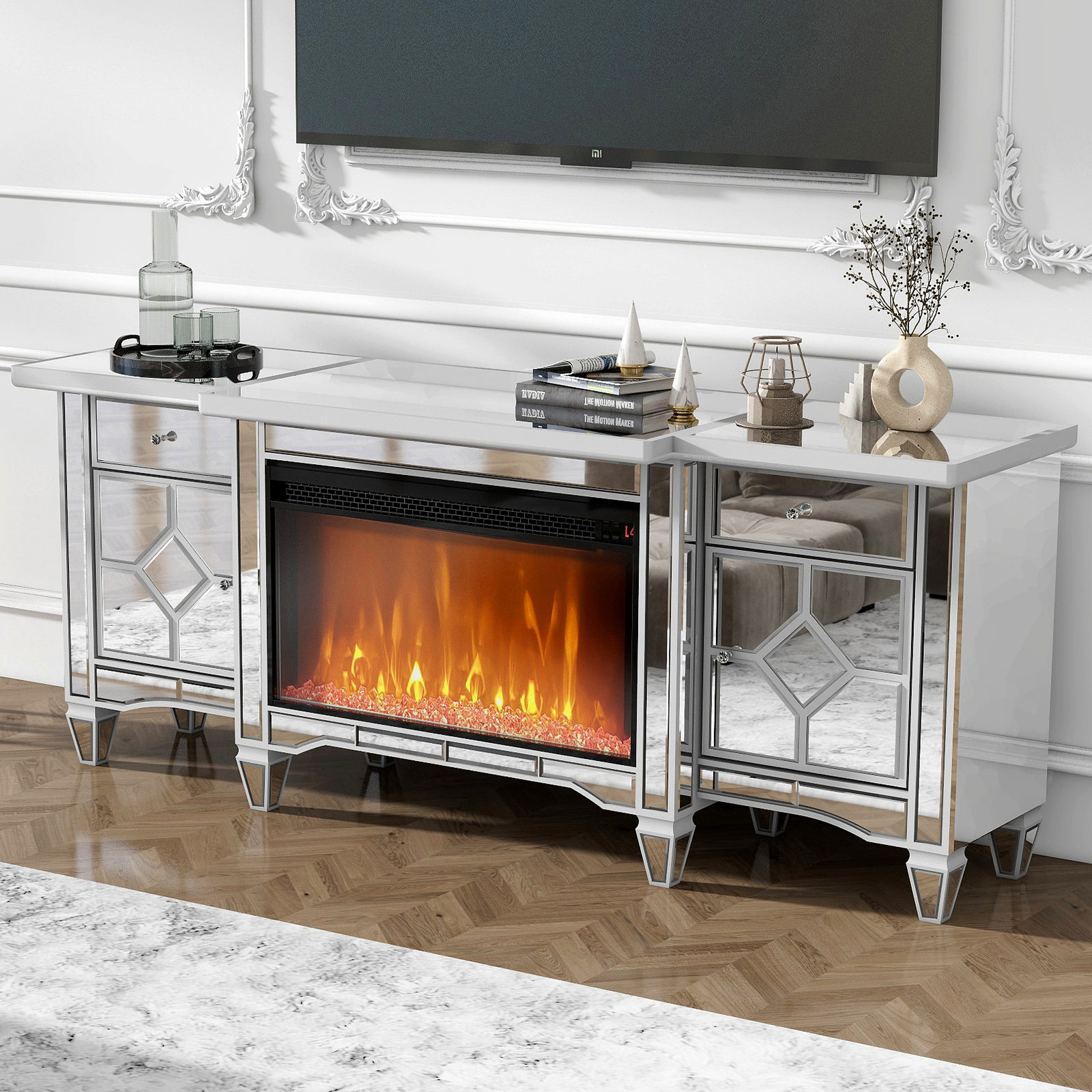 House of Hampton® Silver Mirrored Tv Stand With Fireplace For 65 Inch ...