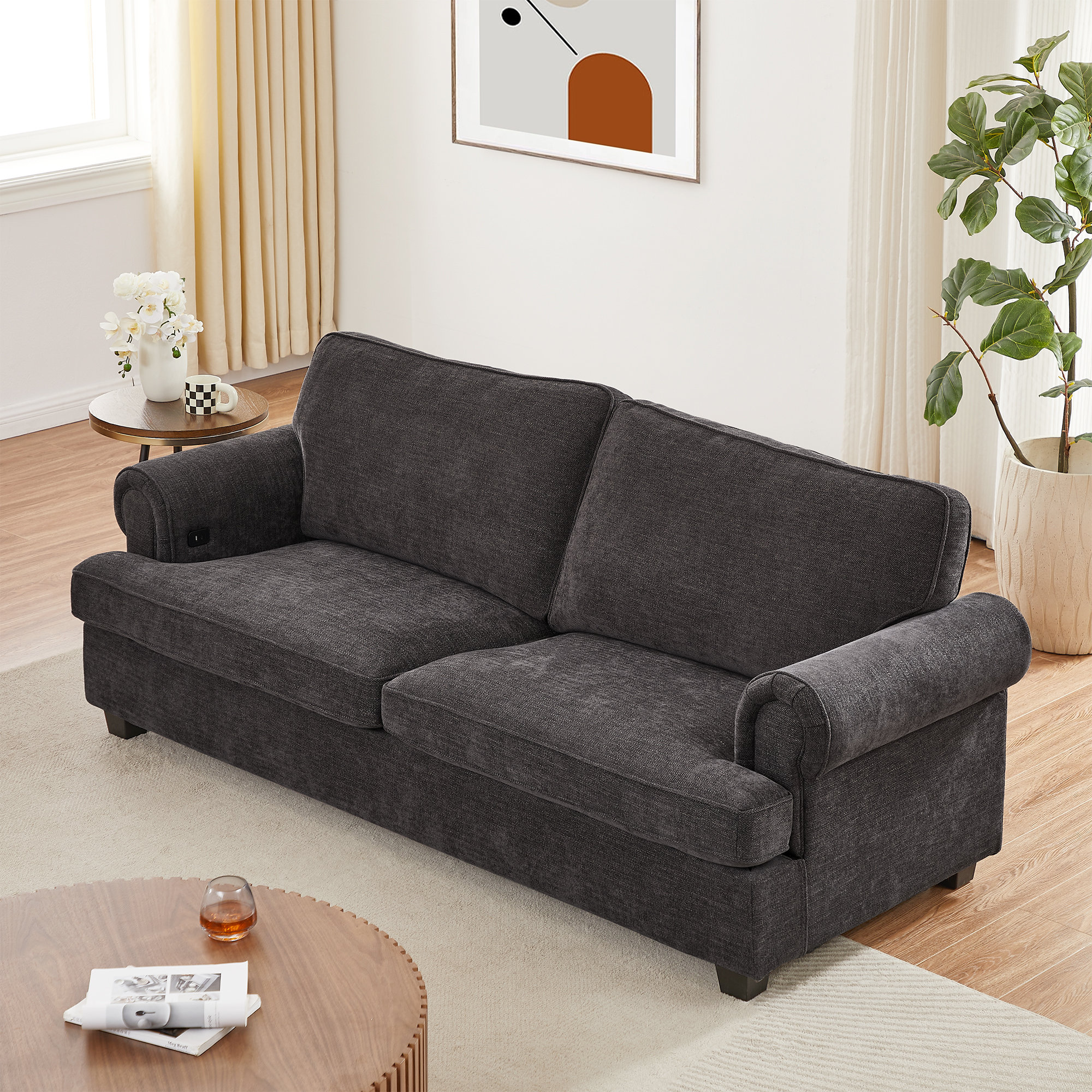 George Oliver 85.04'' Chenille Upholstered Sofa Couch with USB Charging ...