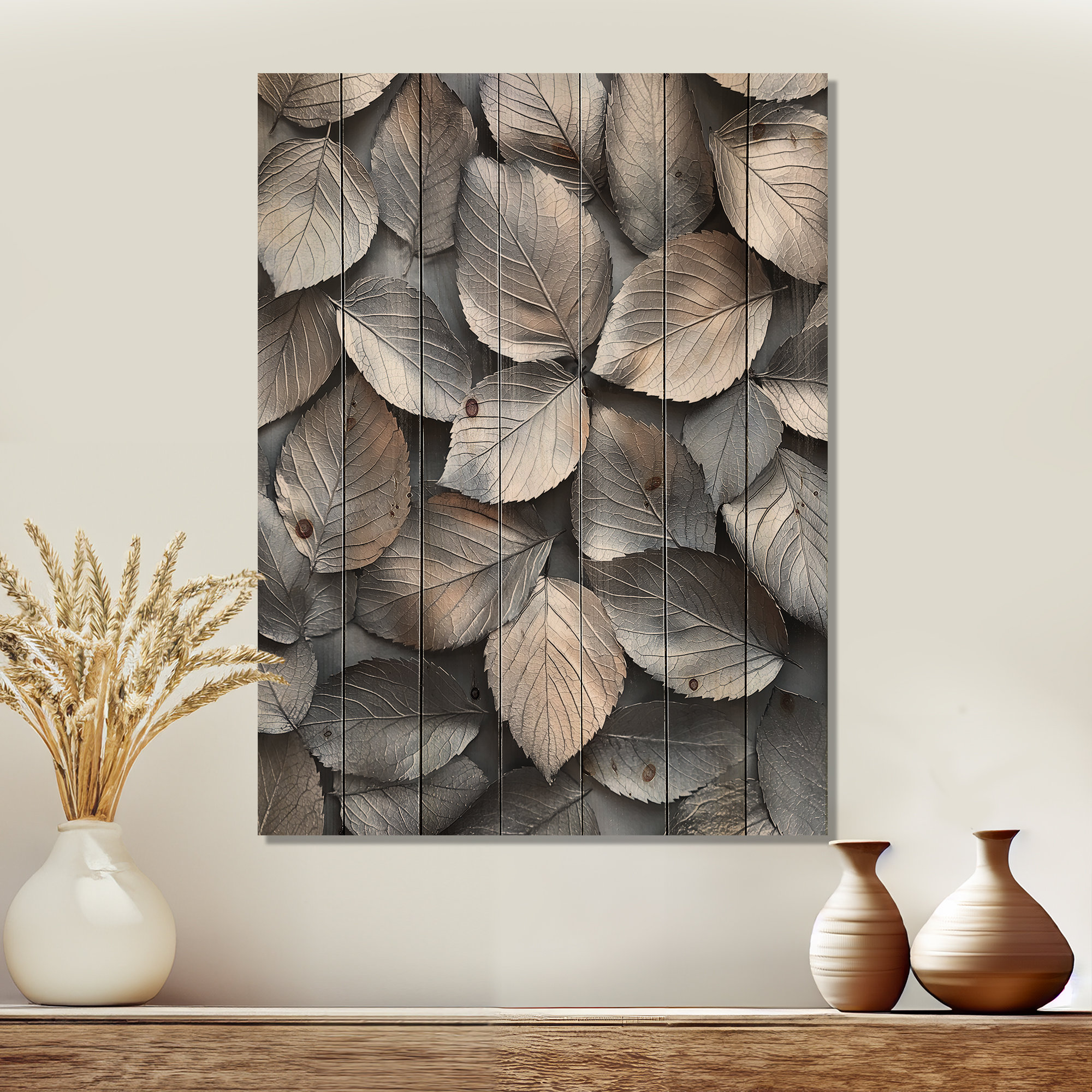 Ophelia & Co. Copper Silver Pewter Leaves III - Leaves Wood Wall Decor - On Natural Pine Wood ...