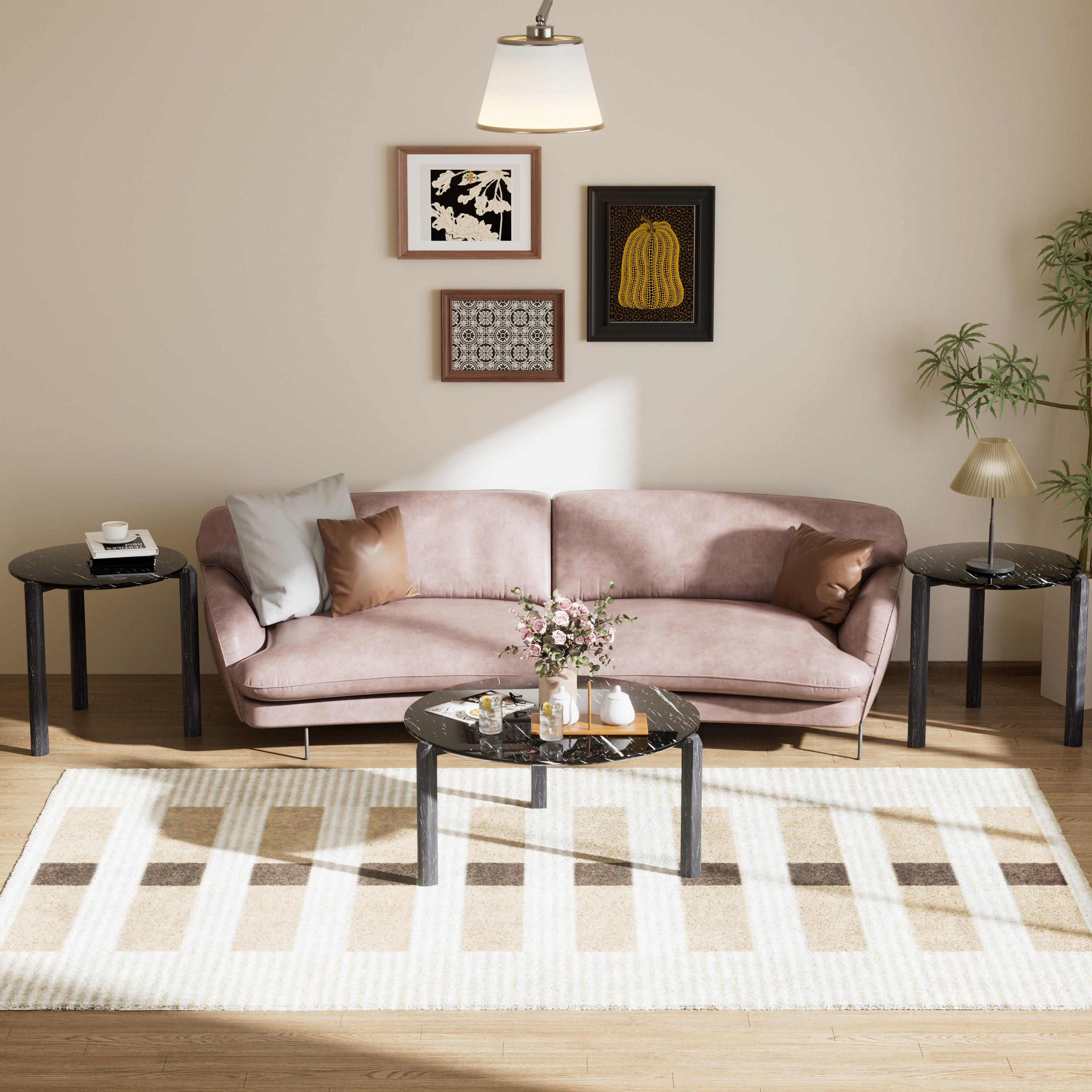 Masoul 3-Piece Round Living Room Table Set, A Coffee Table With 2 End ...