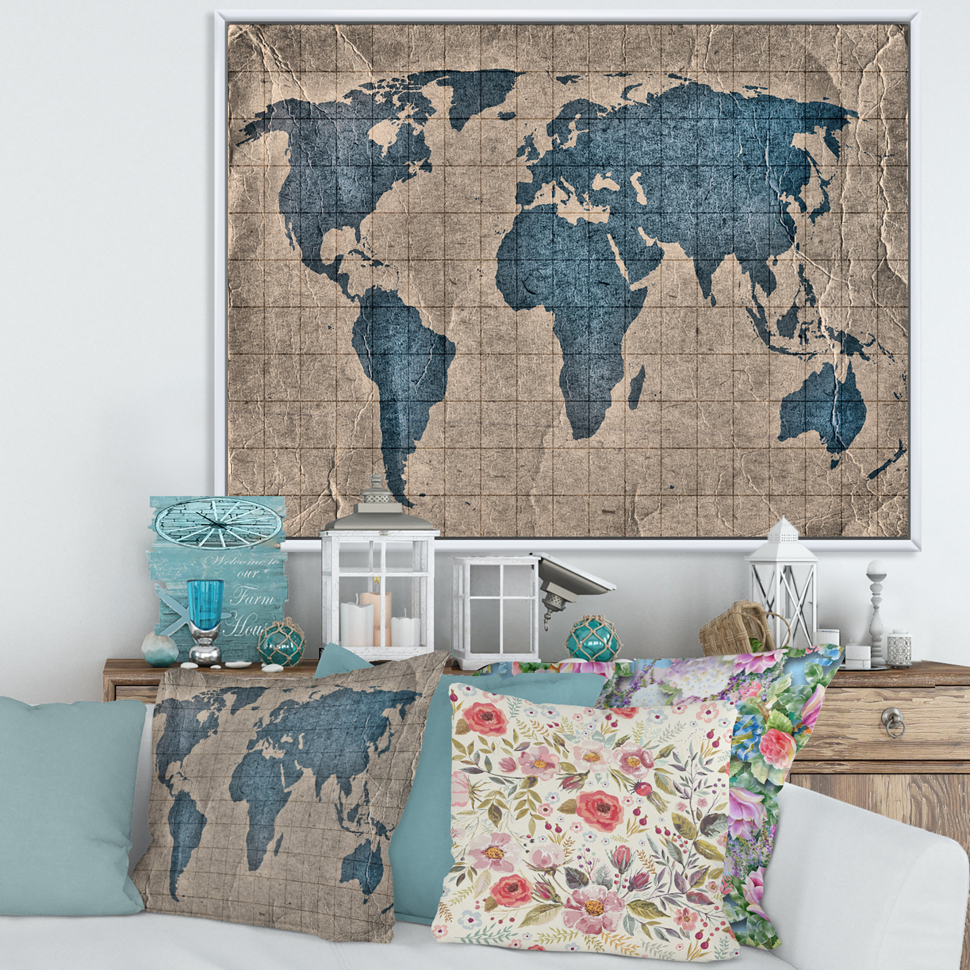 East Urban Home Ancient Map Of The World I - Rustic Canvas Wall Art ...