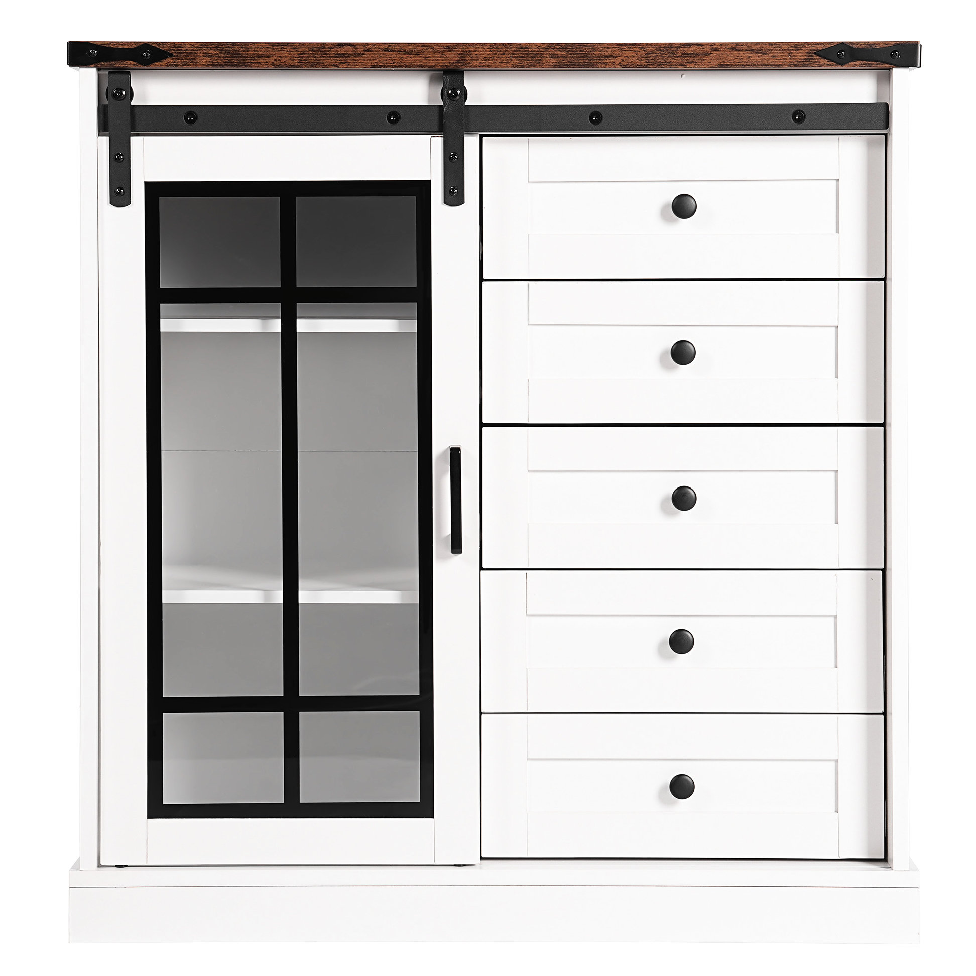 Gracie Oaks White And Deep Walnut Storage Sideboard For Home, 5 Drawers ...