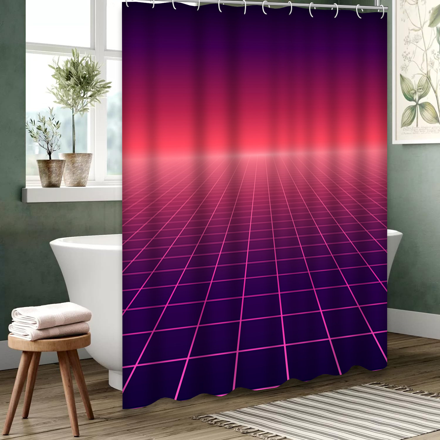 East Urban Home Retro Grid Waterproof Shower Curtain - Neon Disco | Wayfair