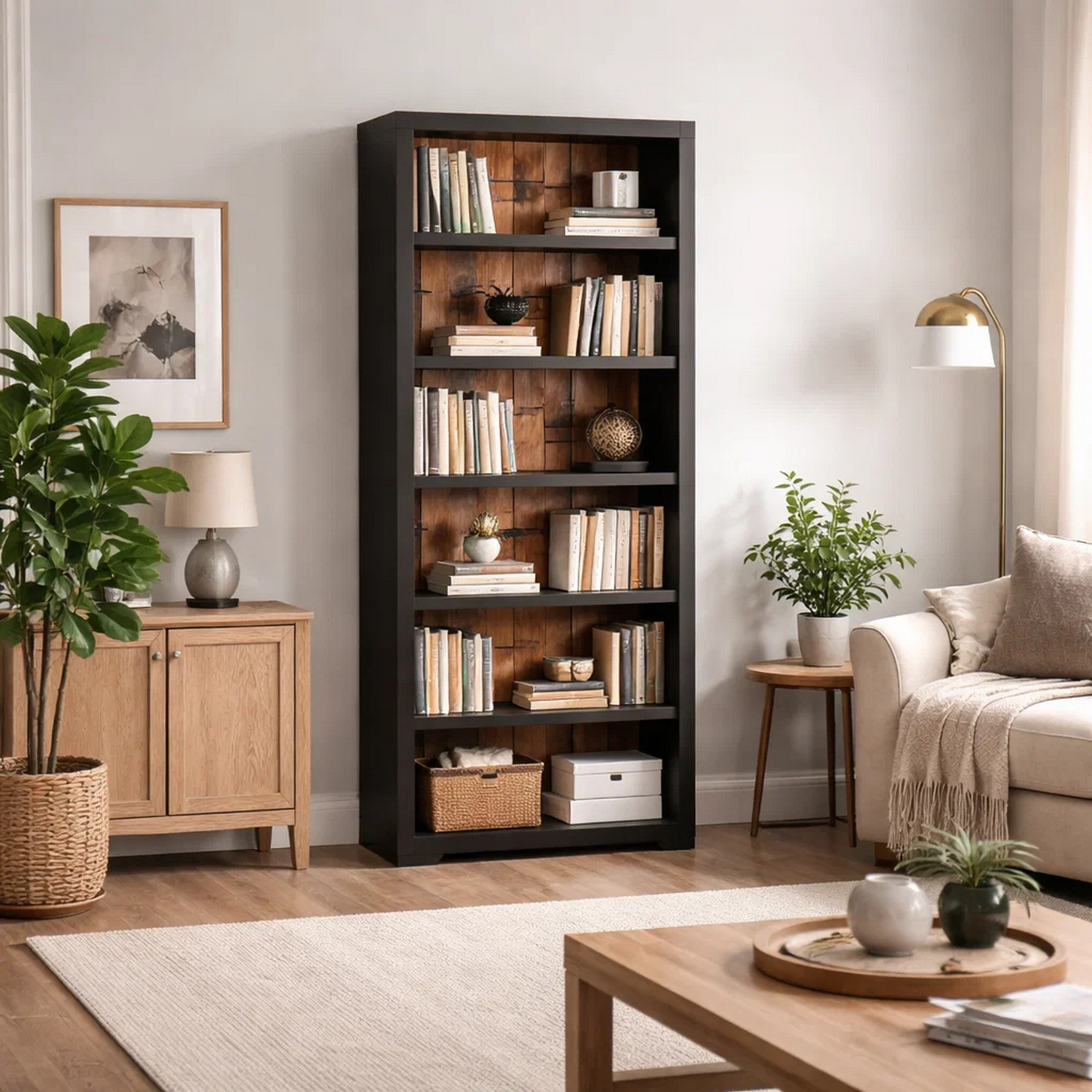 Benjara Fleur Classic Bookcase, 6 Shelves, Butcher Block Back, 75 Inch ...