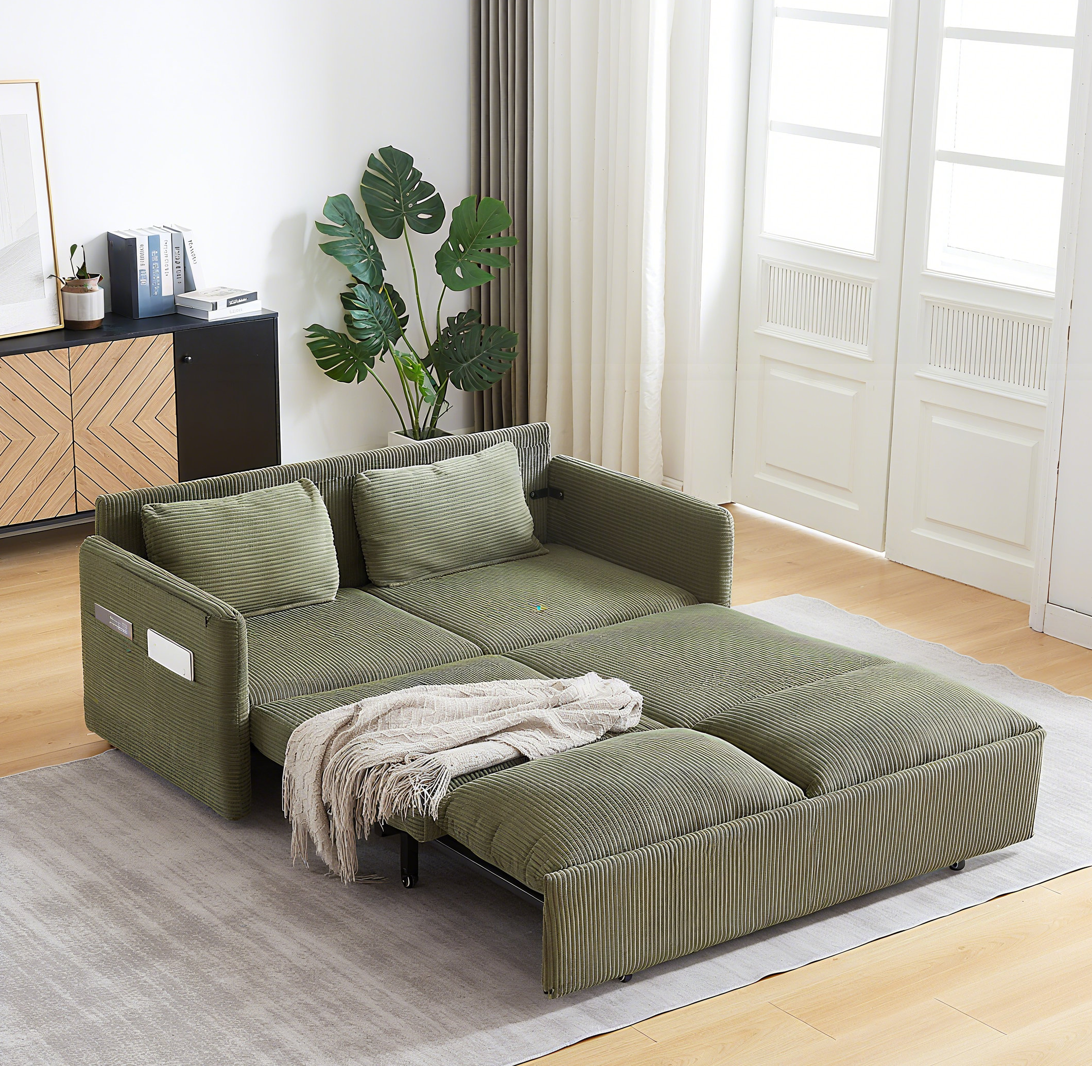 Mercer41 65'' Corduroy Upholstered Sofa, 3-In-1 Adjustable Sleeper Sofa ...