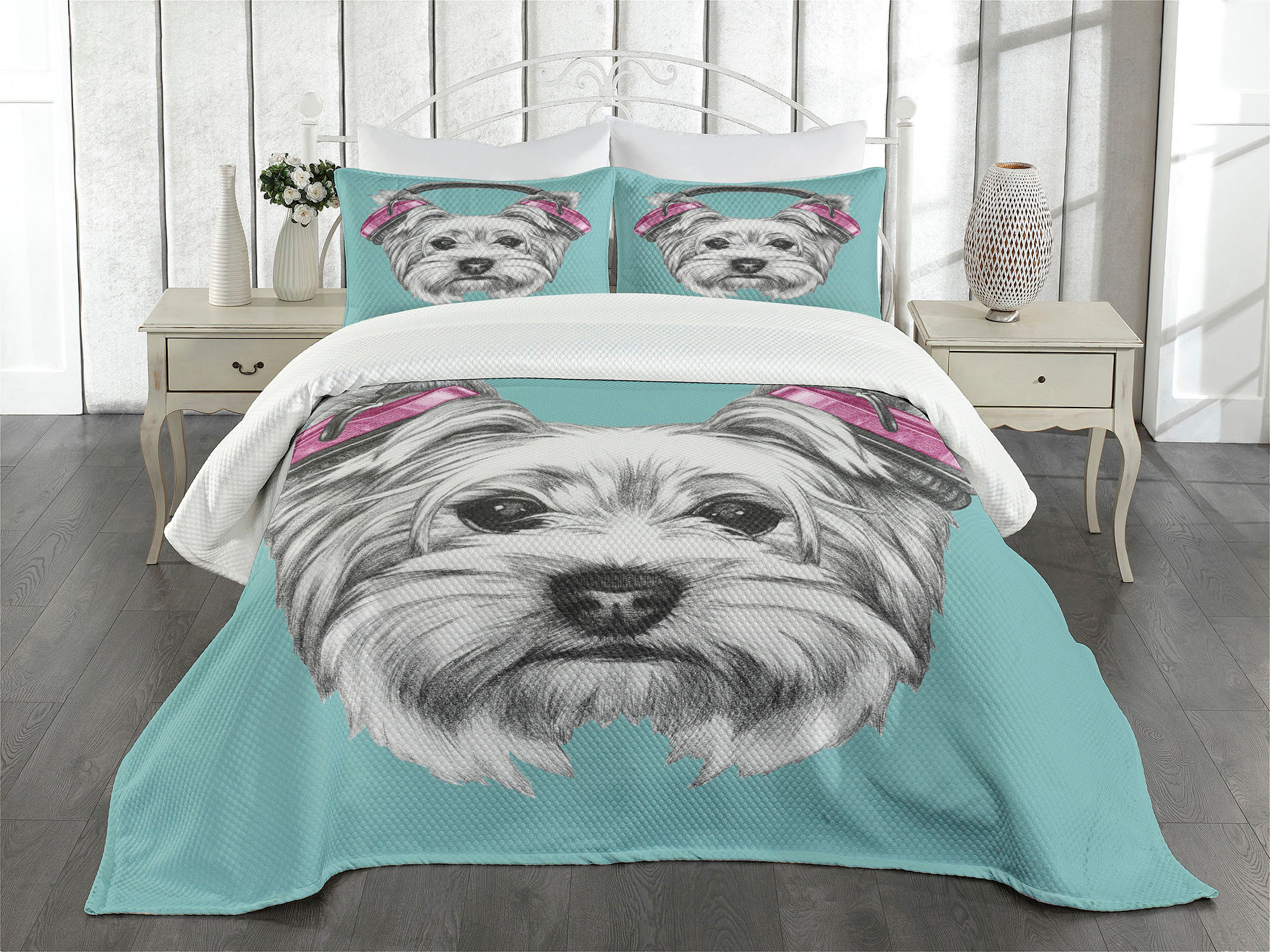 Ambesonne Yorkie Bedspread Set Headphones Music Dog Pale Blue White ...