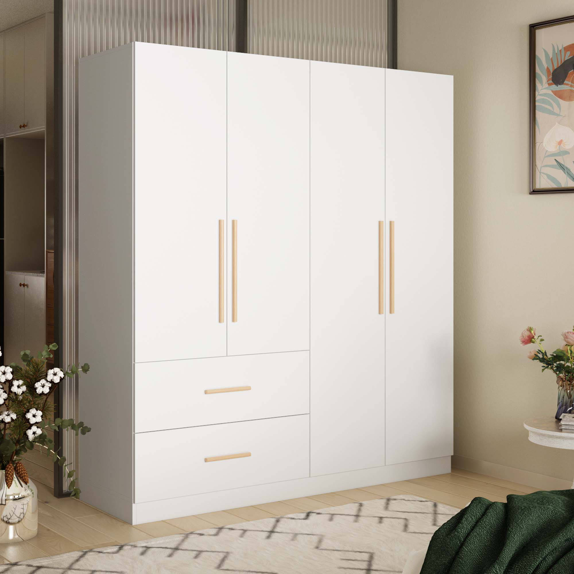 Mercer41 Alka 4-Door Wardrobe Armoire With 2 Drawers, Clothes Rails ...