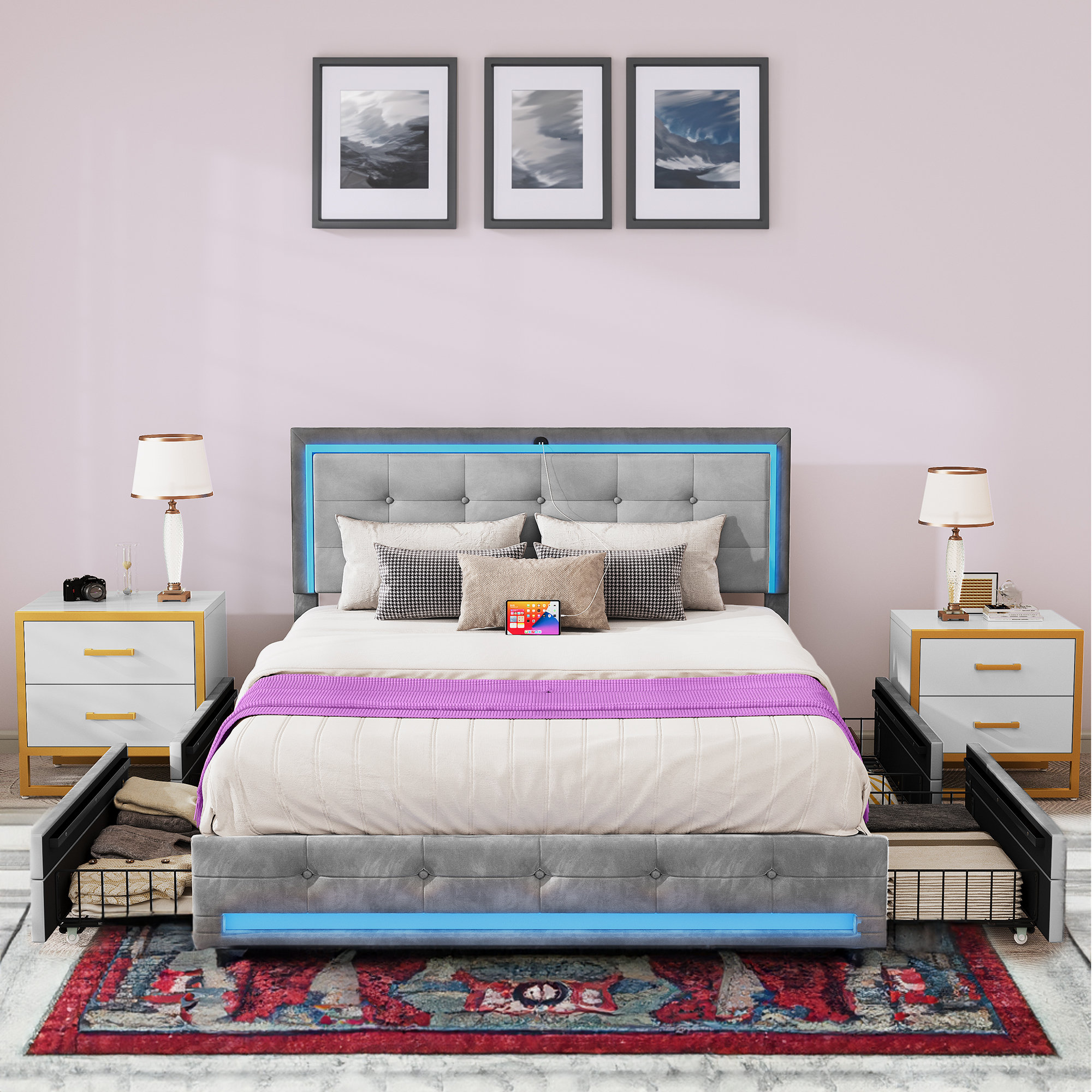 Brayden Studio Queen Upholstered Storage Bed with Lighted Headboard and ...