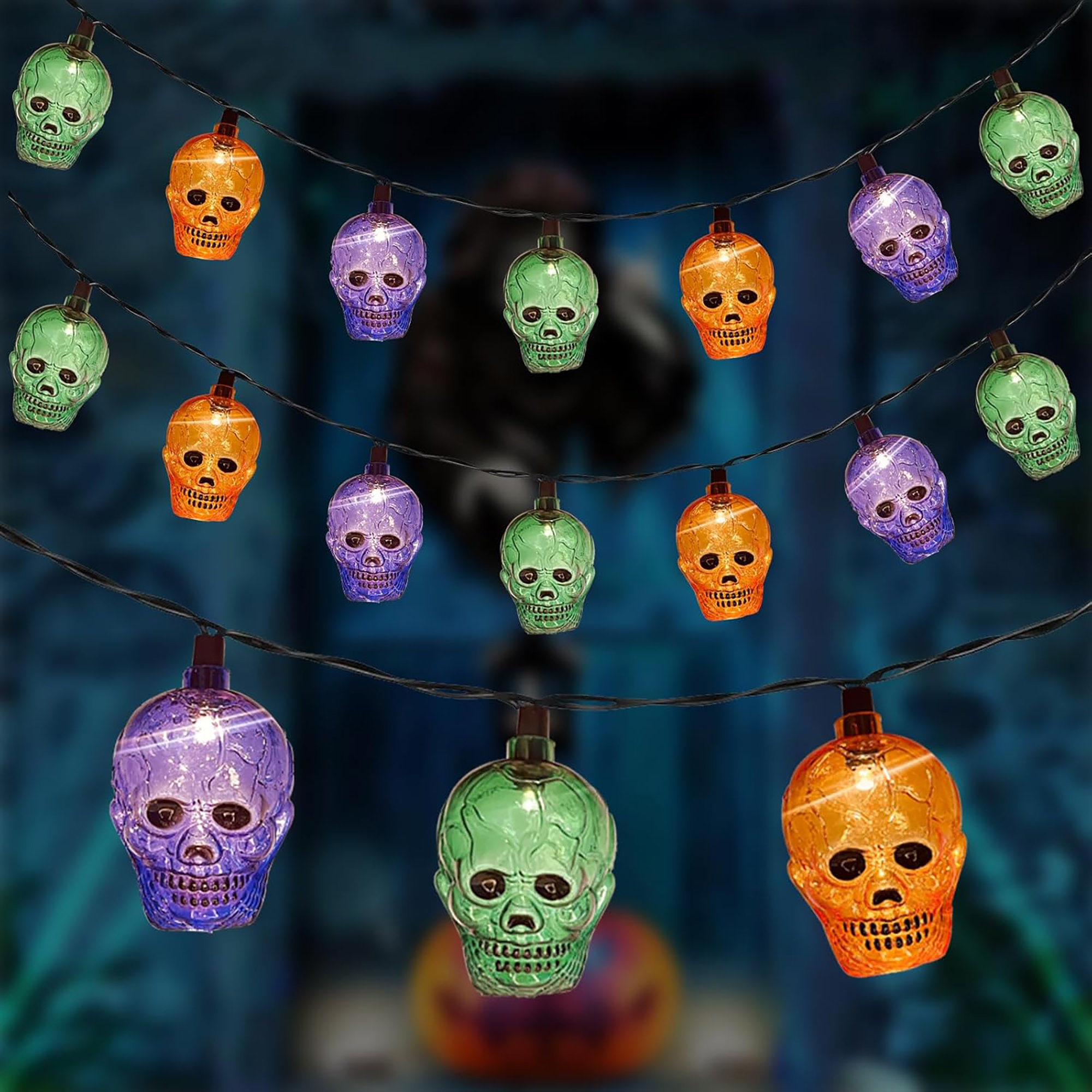 The Holiday Aisle® Halloween Skull String Lights Plug In, 8.5Ft 10 LED ...