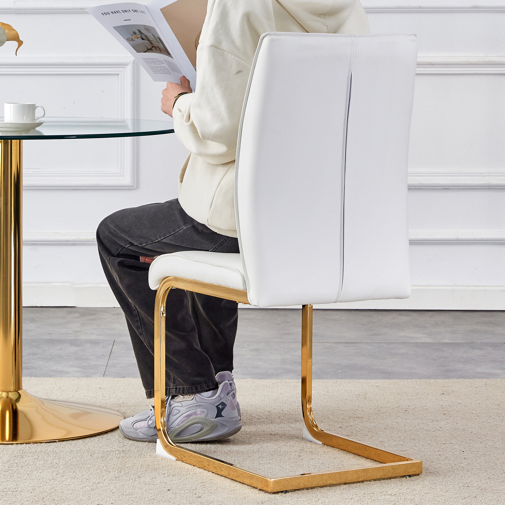 TUOXIN 6 High Resilience Dining Chairs: White Pu, Arched Metal Gold Leg ...