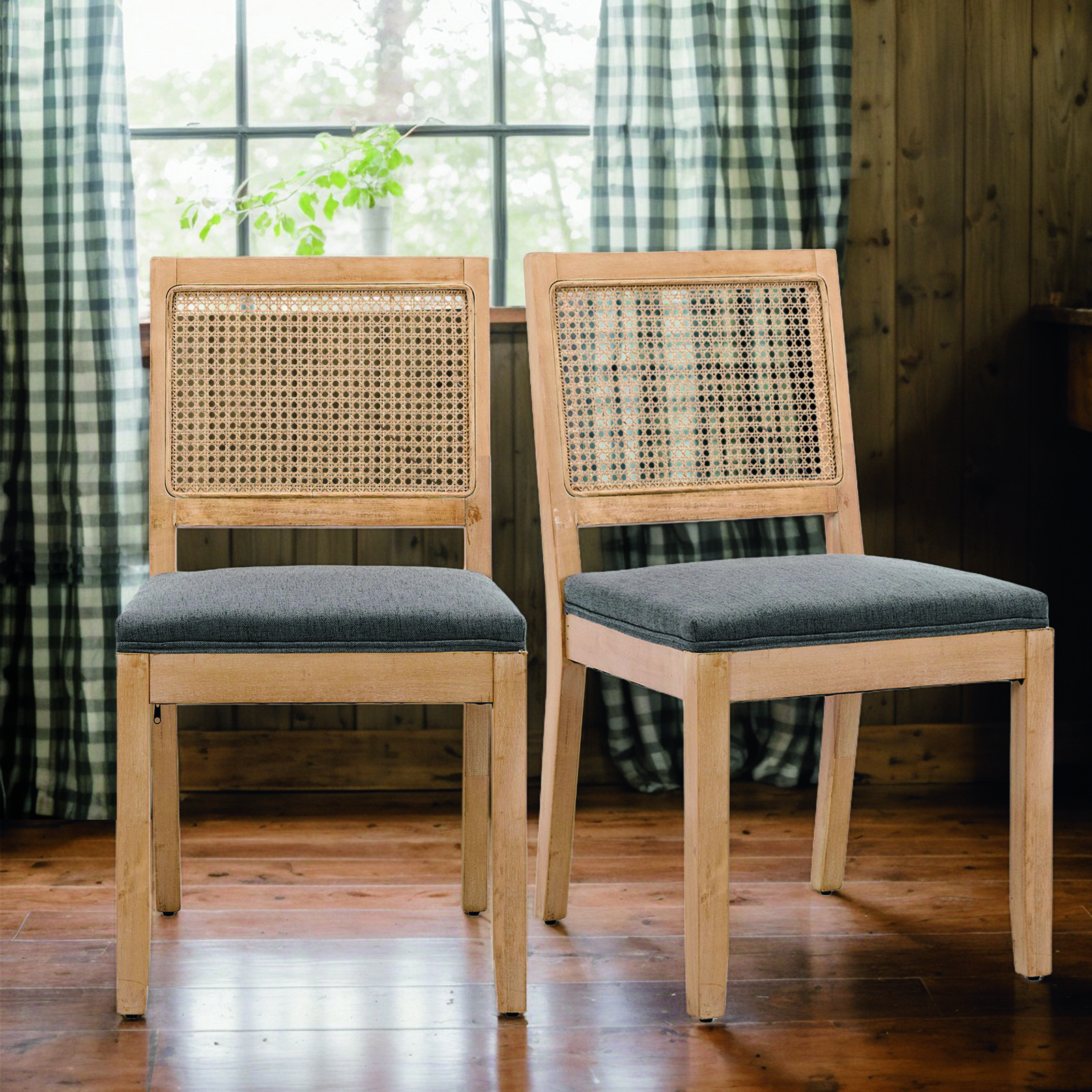 Ophelia & Co. Linen Upholstered Rattan Back Kitchen Chairs - Mid ...