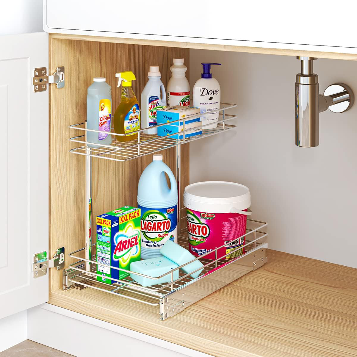 Rebrilliant Pull Out Cabinet Organizer, 2 Tier Wire Basket Under Sink ...