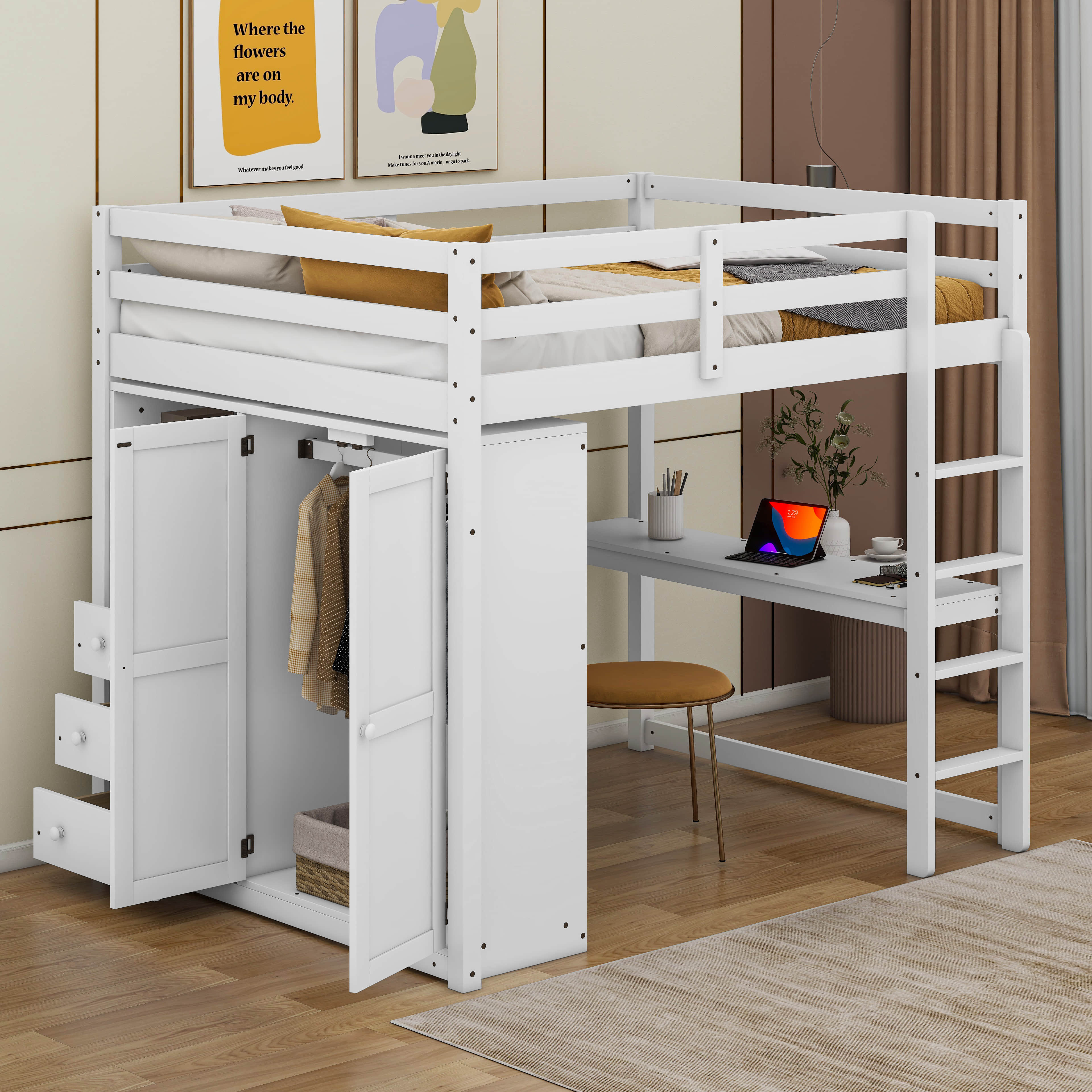 Cosmic Wood Full Size Loft Bed with Built-in Wardrobe, Desk, Storage ...
