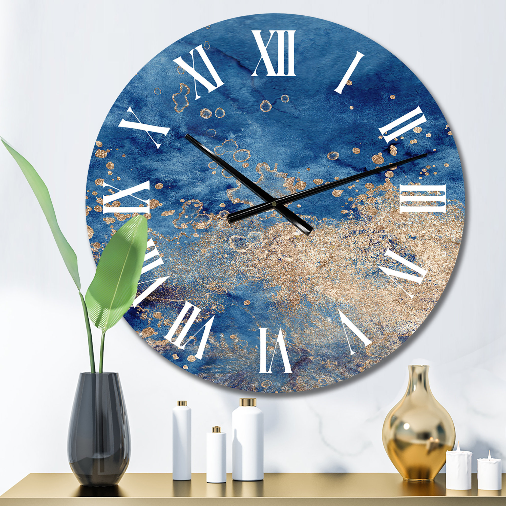 East Urban Home Abstract Classic Blue and Gold II - Modern Wall Clock ...