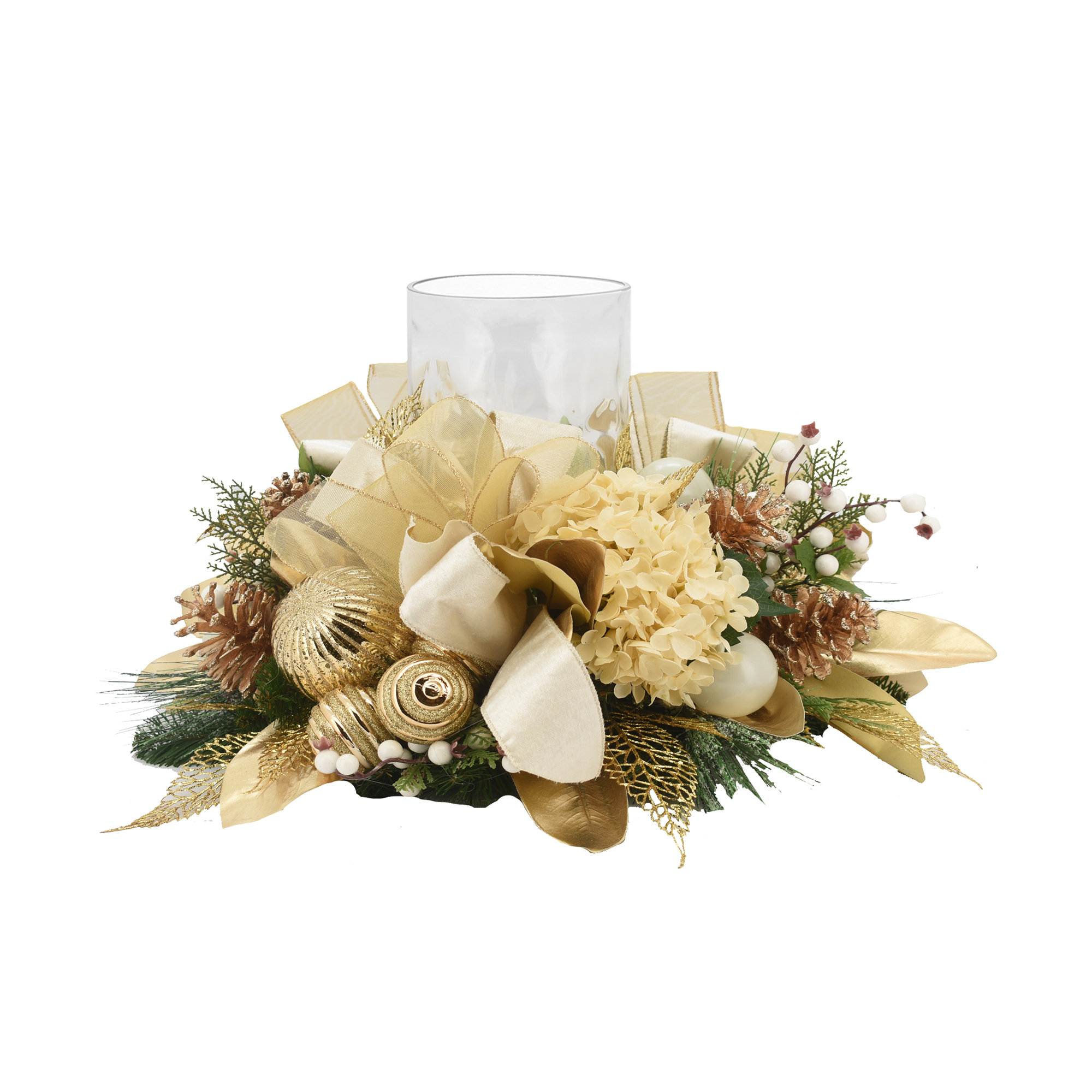 Primrue Holiday Candleholder Centerpiece with Hydrangeas, Ornaments and ...