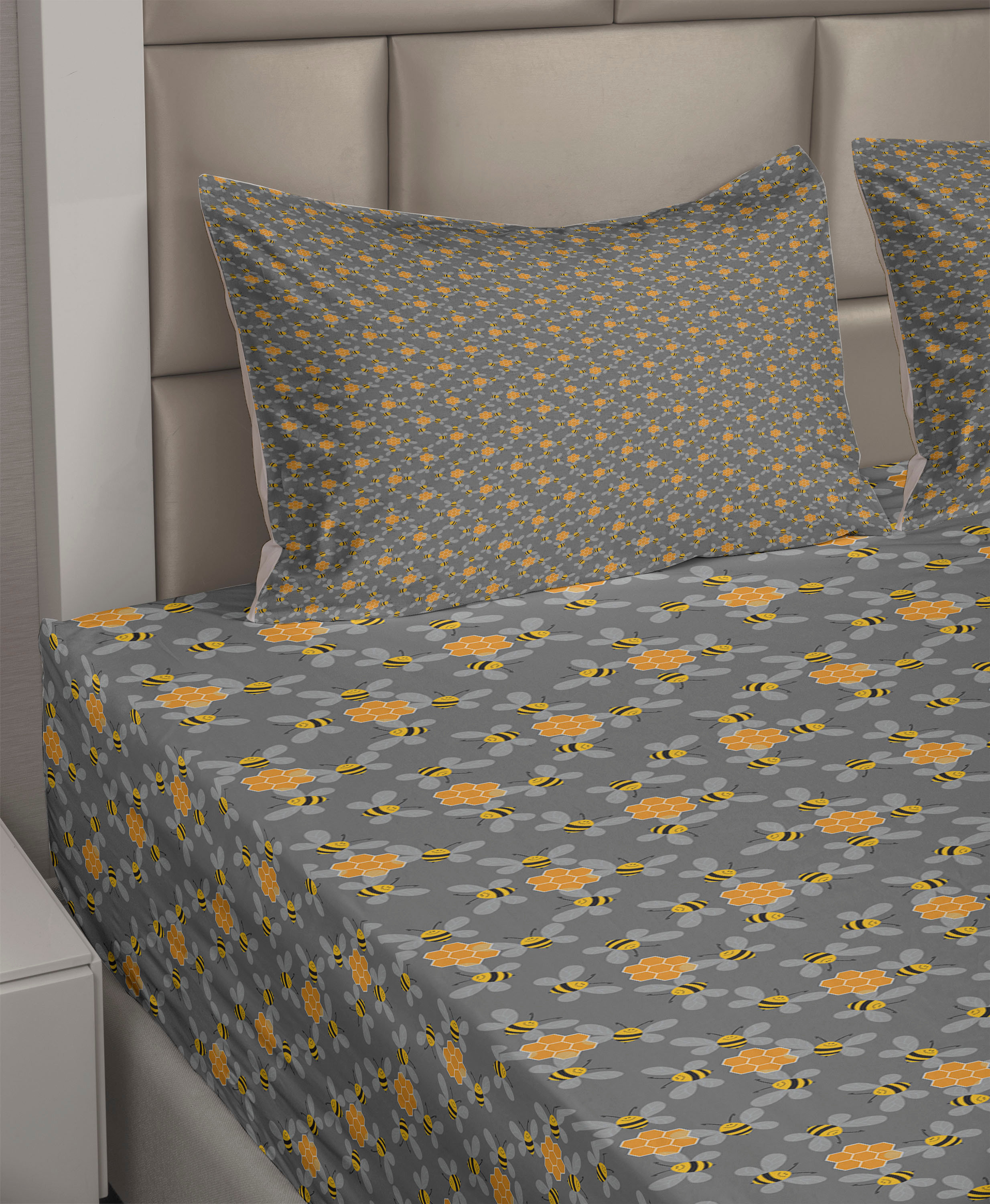 Ambesonne Bee Sheet Set Happy Wasps Honeycombs Plot Orange and Pale ...