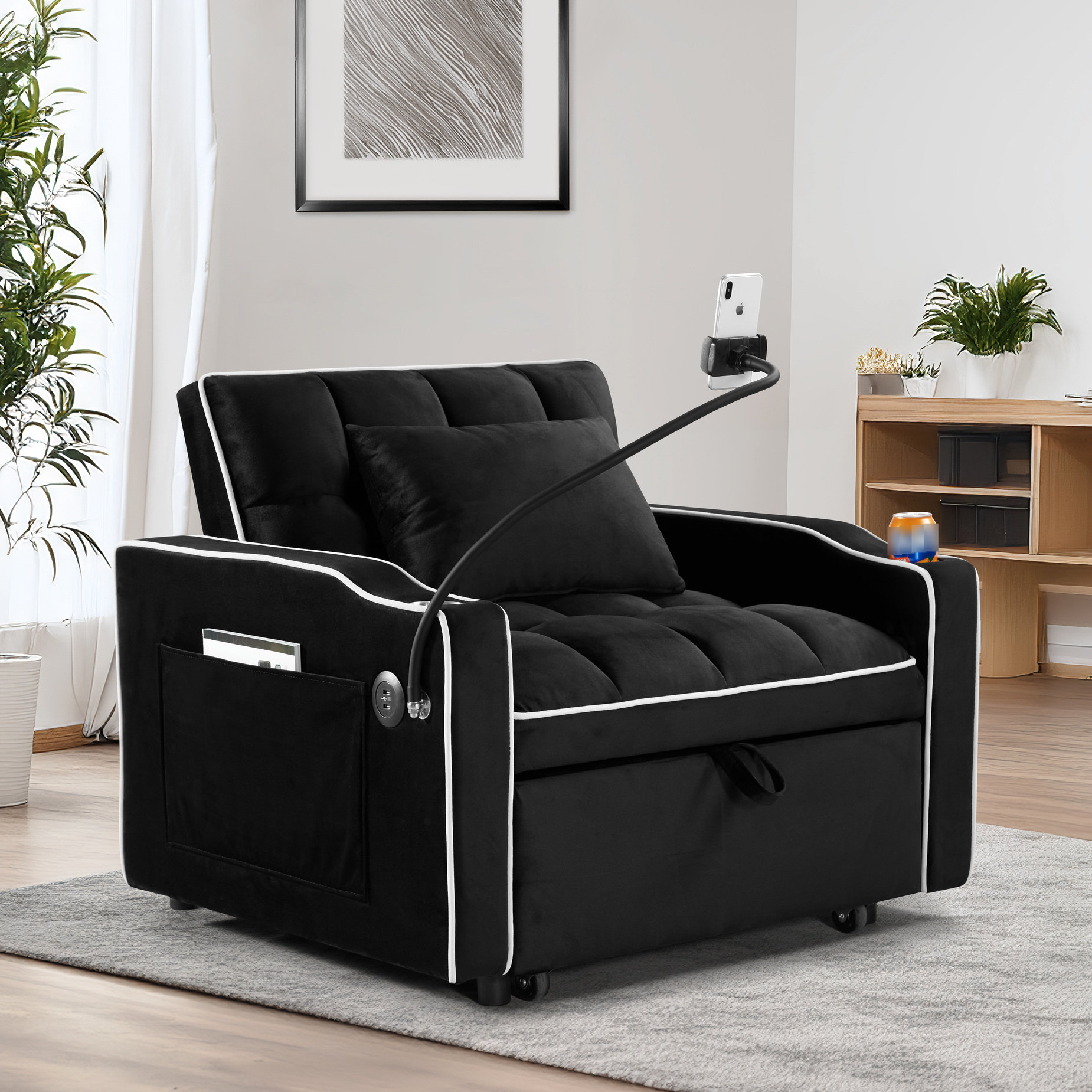 Mercer41 Convertible Arm Chair, Black Velvet, Adjustable For Different ...