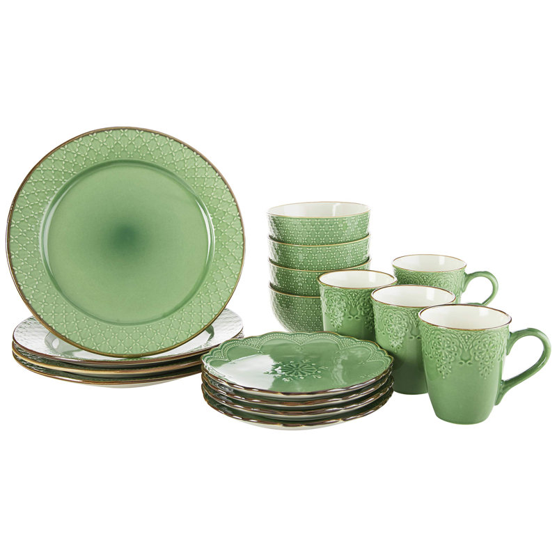 Bungalow Rose French Lace Dinnerware Set, 16 Piece, Green | Wayfair