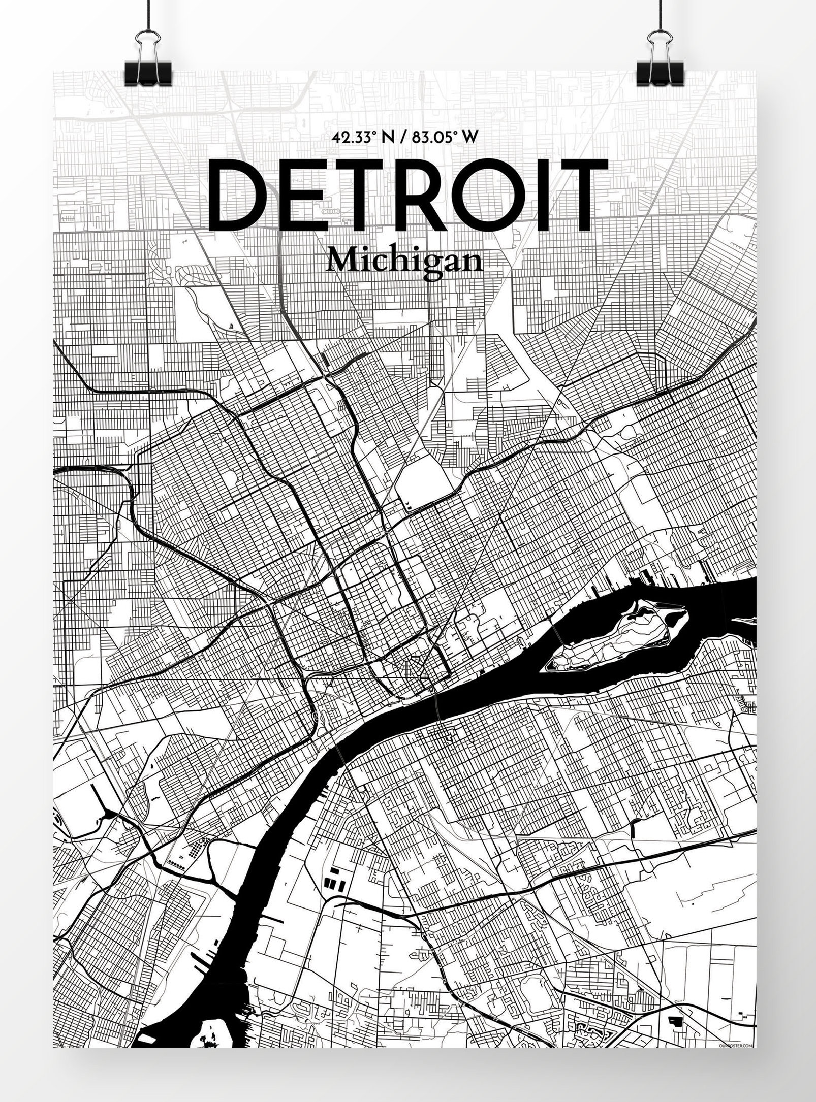 OurPoster.com 'Detroit City Map' Graphic Art Print Poster in Ink | Wayfair