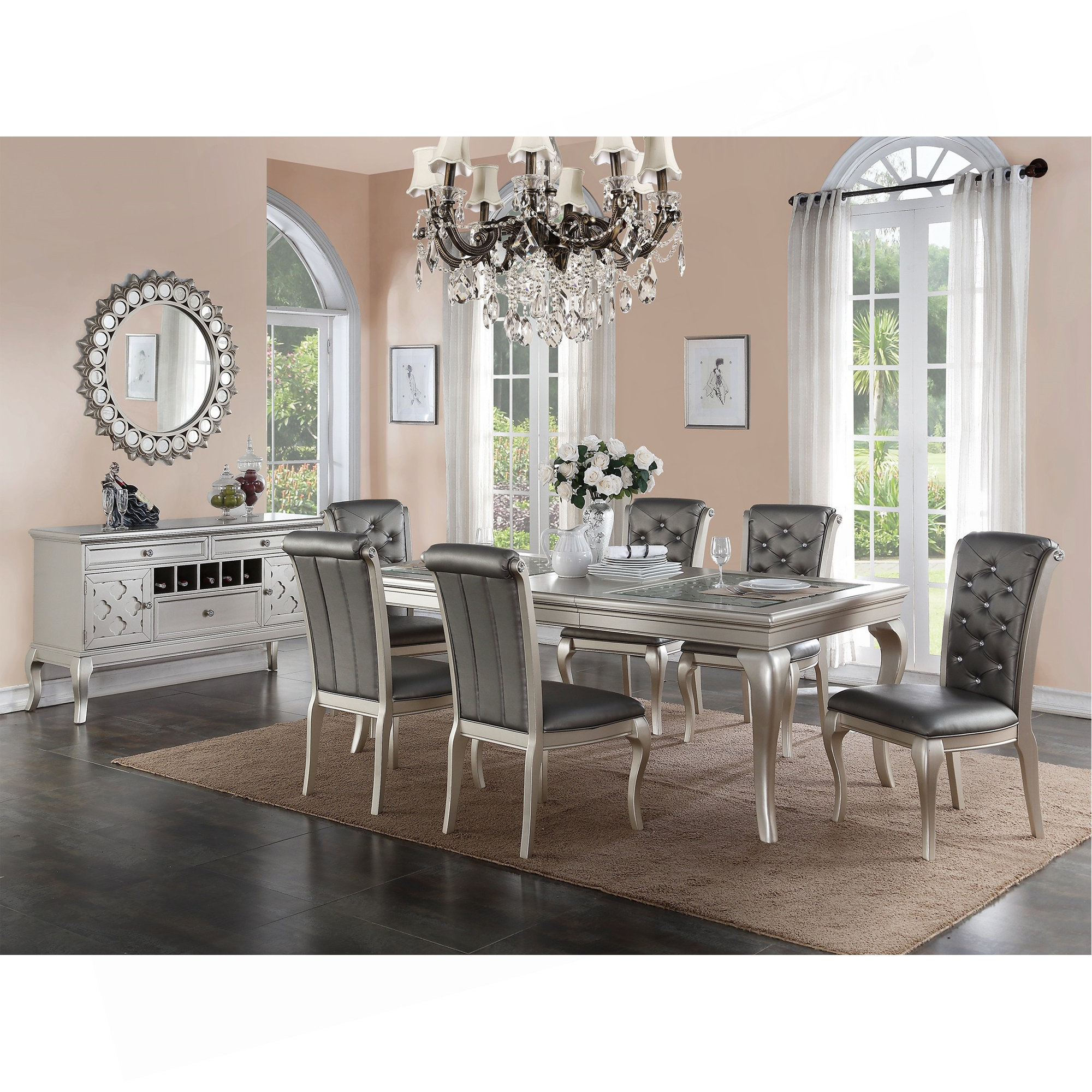 Rosdorf Park Dining Table Rectangle Glass Inert Top Silver Hue 7Pc ...