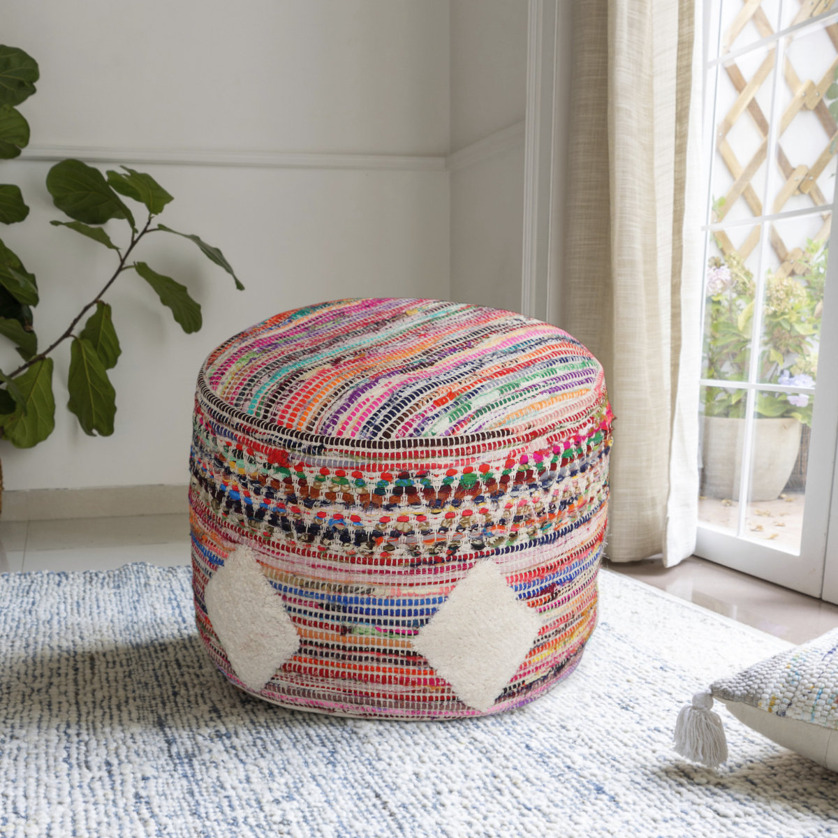 Evette Rios Poufs Bohemian Multicolor Diamond Striped Chindi Handmade ...