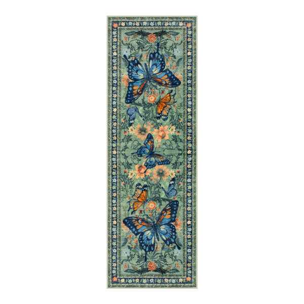 Rosalind Wheeler Washable Maximalist Floral Butterfly Rug – Non-Slip ...