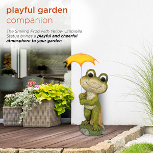 Alpine 27"H Smiling Frog with Yellow Umbrella Statue | Wayfair