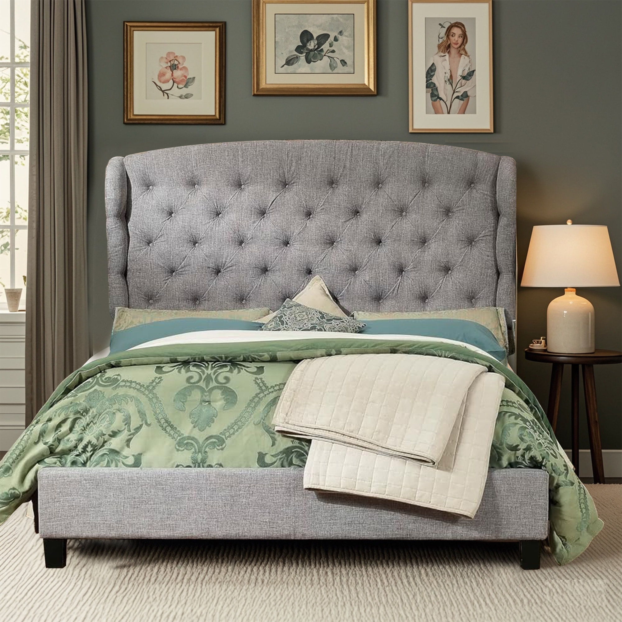 Lark Manor Lit tapissier en tissu, base de lit à hauteur réglable ...