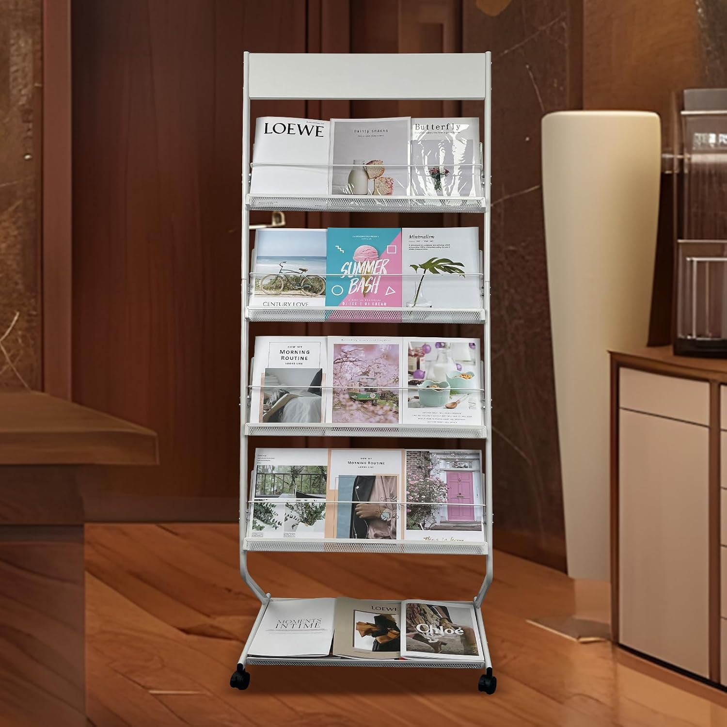 Hokku Designs White Floor-Standing Magazine Rack 4-Layer With Wheels ...