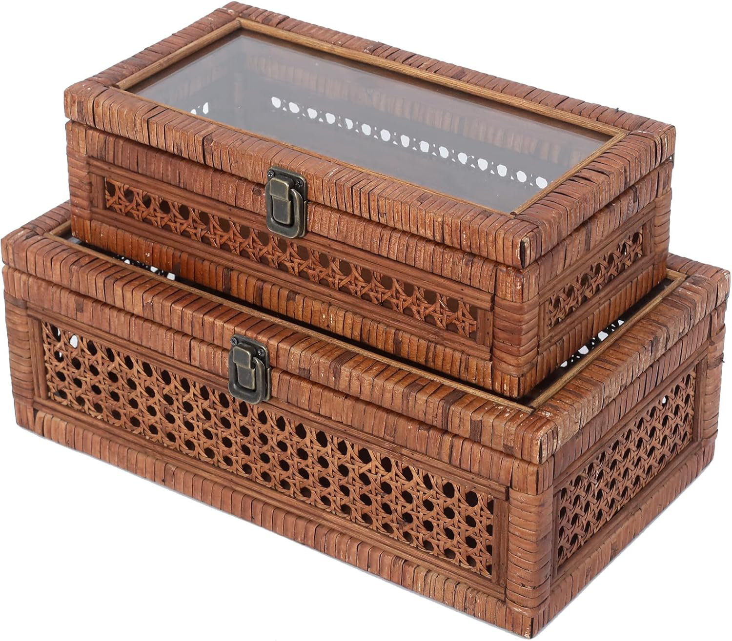 Bayou Breeze Rattan And Cane Stacking Boxes With Glass Top Lid - Set Of ...