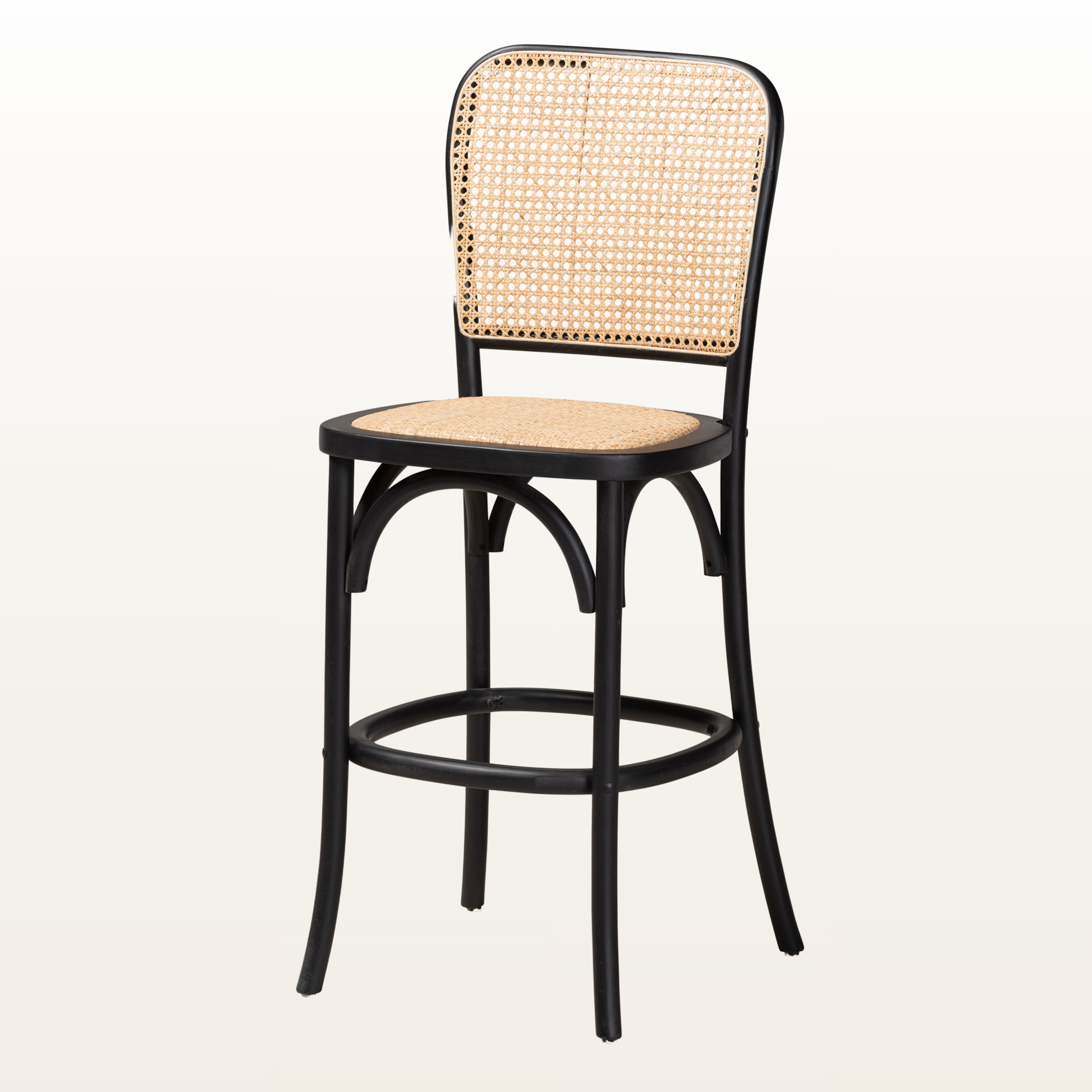Bay Isle Home™ Jora Counter Stool in Brown Woven Rattan and Black Wood Cane, Mid-Century Modern ...